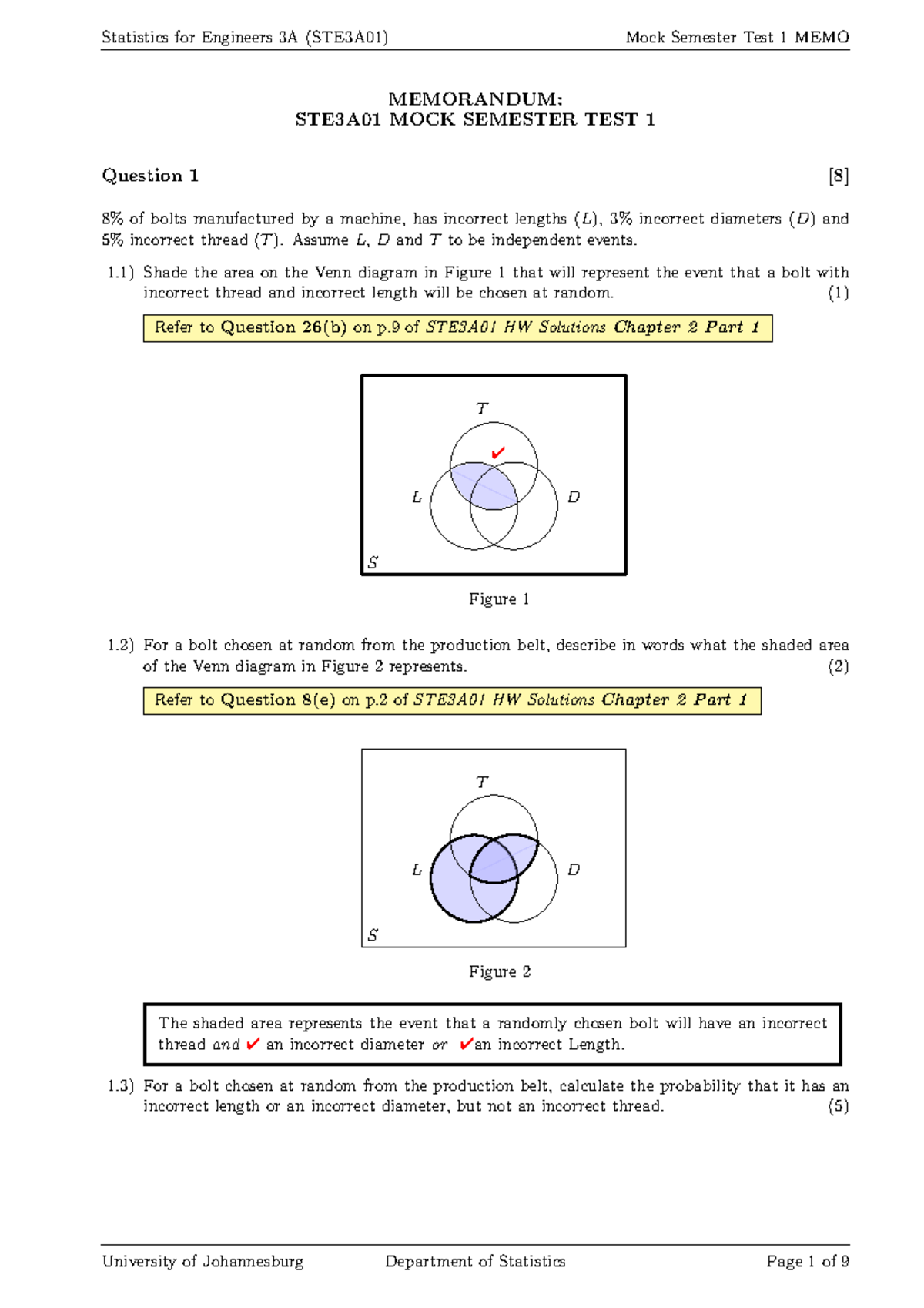 STE3A01 Mock Semester Test 1 MEMO Q1-7 incl 4 - Statistics for ...