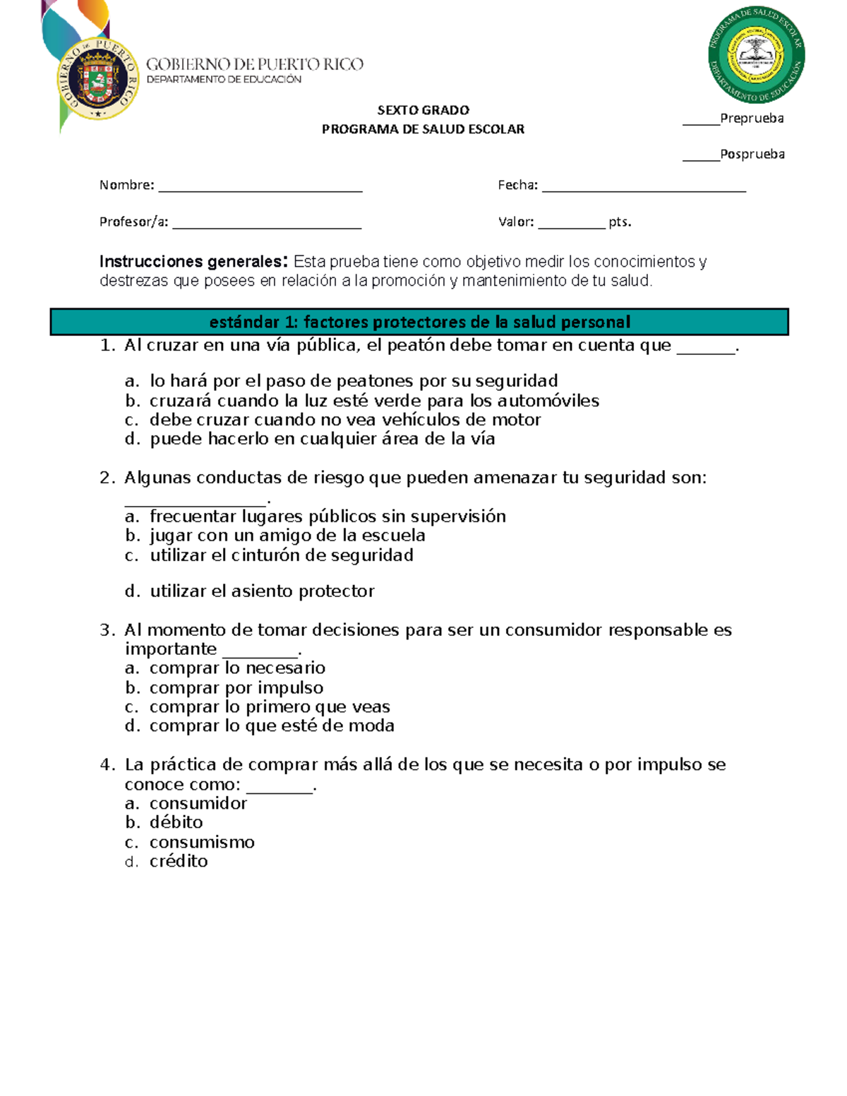 Sexto Grado PRE Y POS Prueba - SEXTO GRADO PROGRAMA DE SALUD ESCOLAR ...