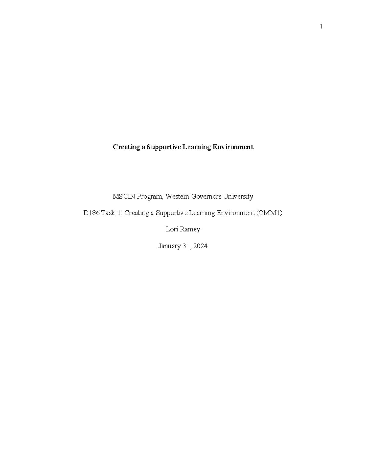 D186 Task 1 - Creating a Supportive Learning Environment - Creating a Supportive Learning - Studocu