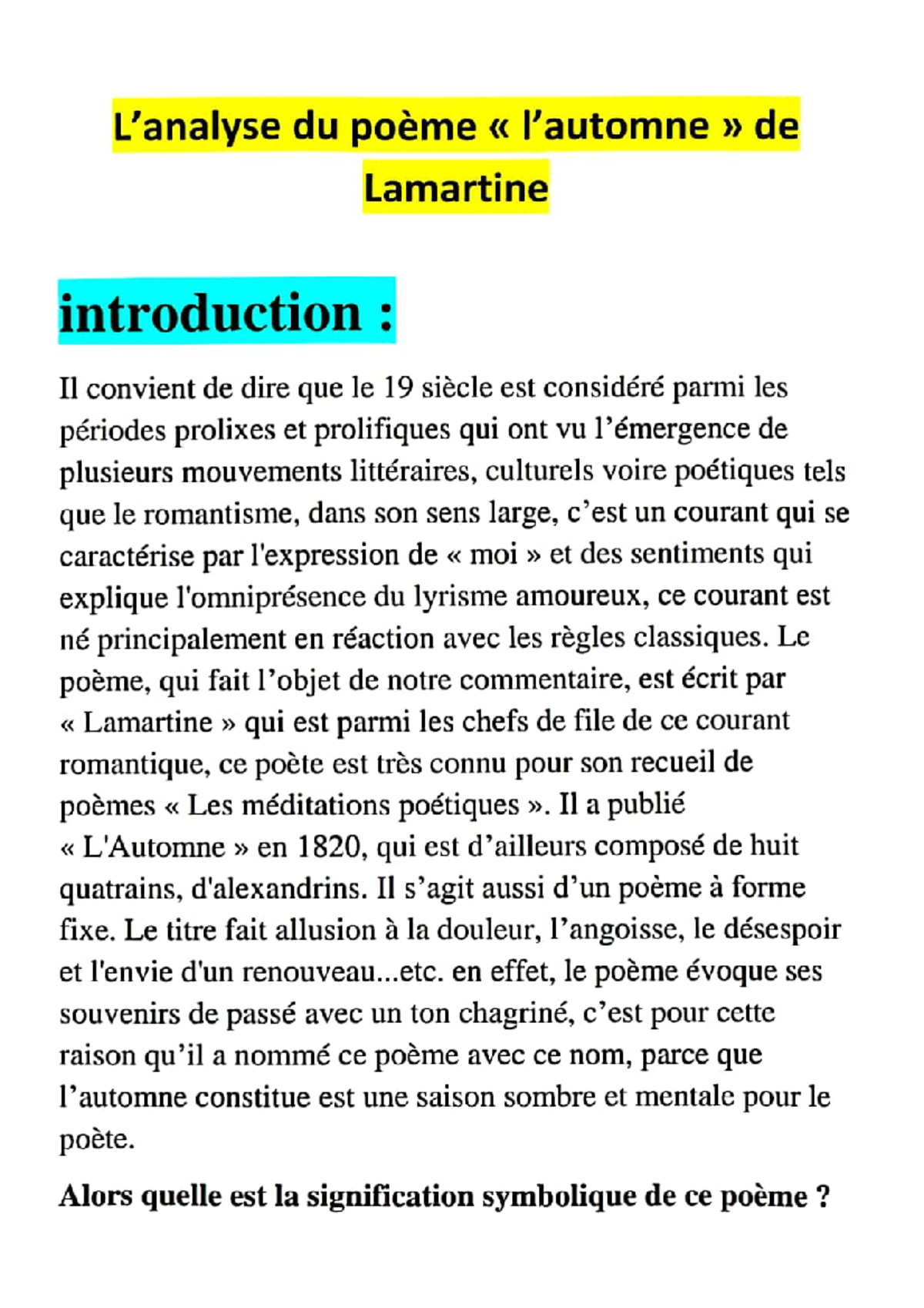 L'automne du Lamartine - M2 Littérature francophone - Studocu