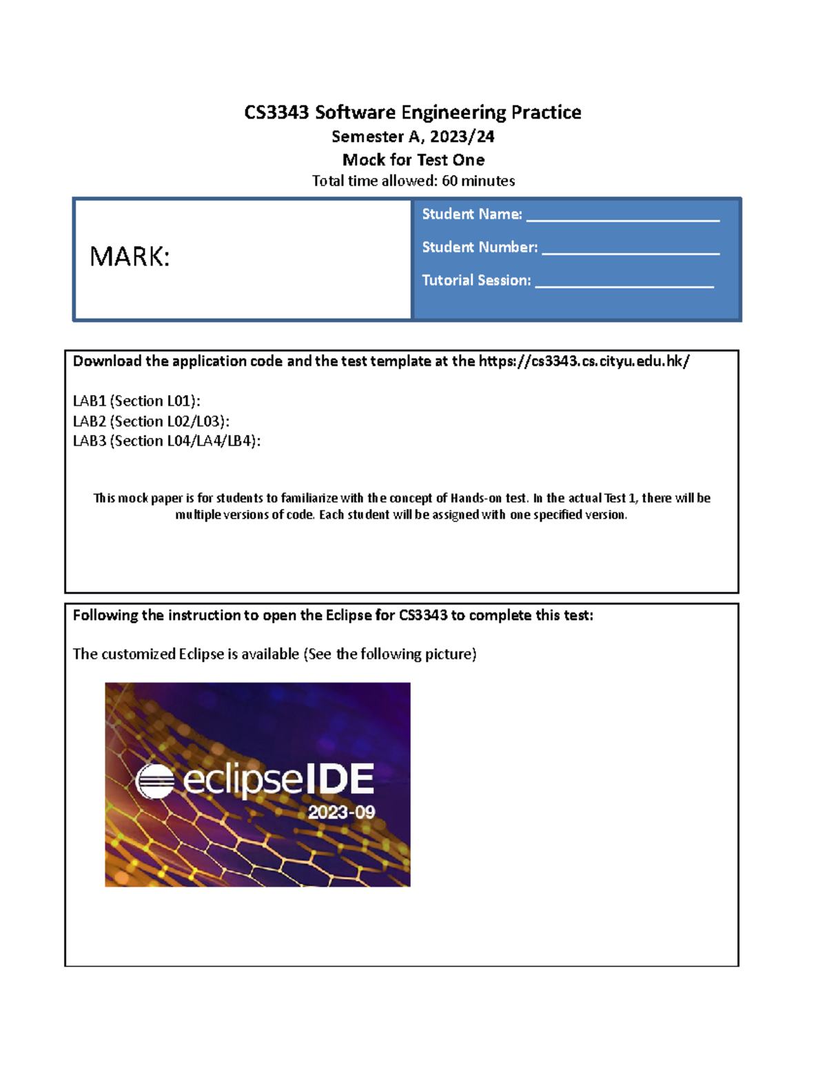 CS3343 Test One Mock - This is reference - CS3343 Software Engineering ...