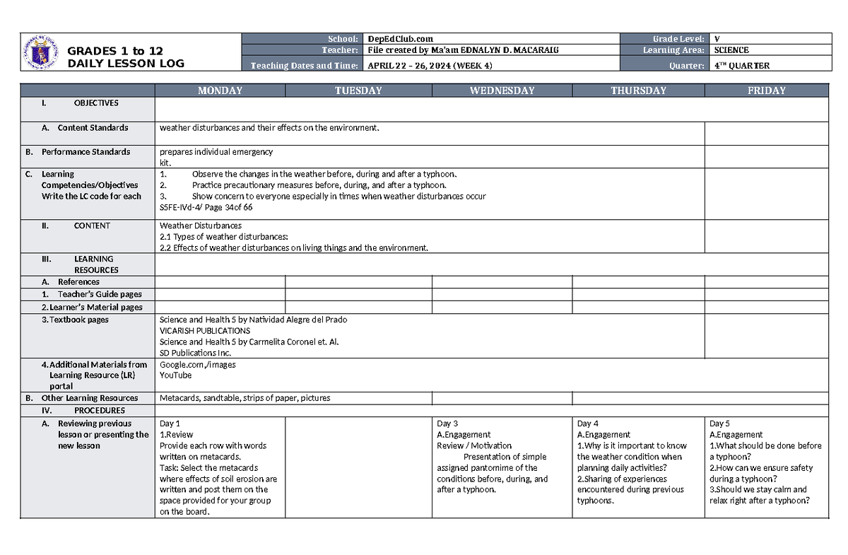 DLL Science 5 Q4 W4 - DLL EME LANG - GRADES 1 to 12 DAILY LESSON LOG ...