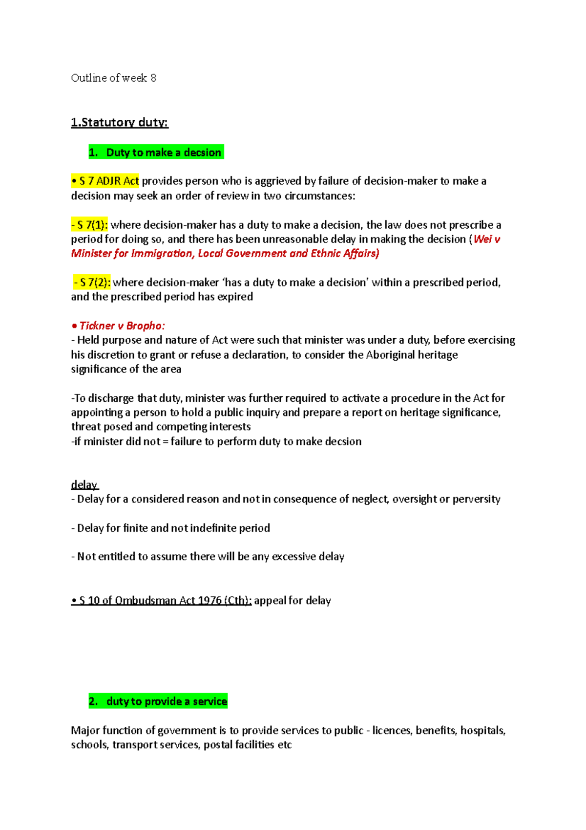 Outline of Admin (skeleton) - Outline of week 8 1 duty: 1. Duty to make ...