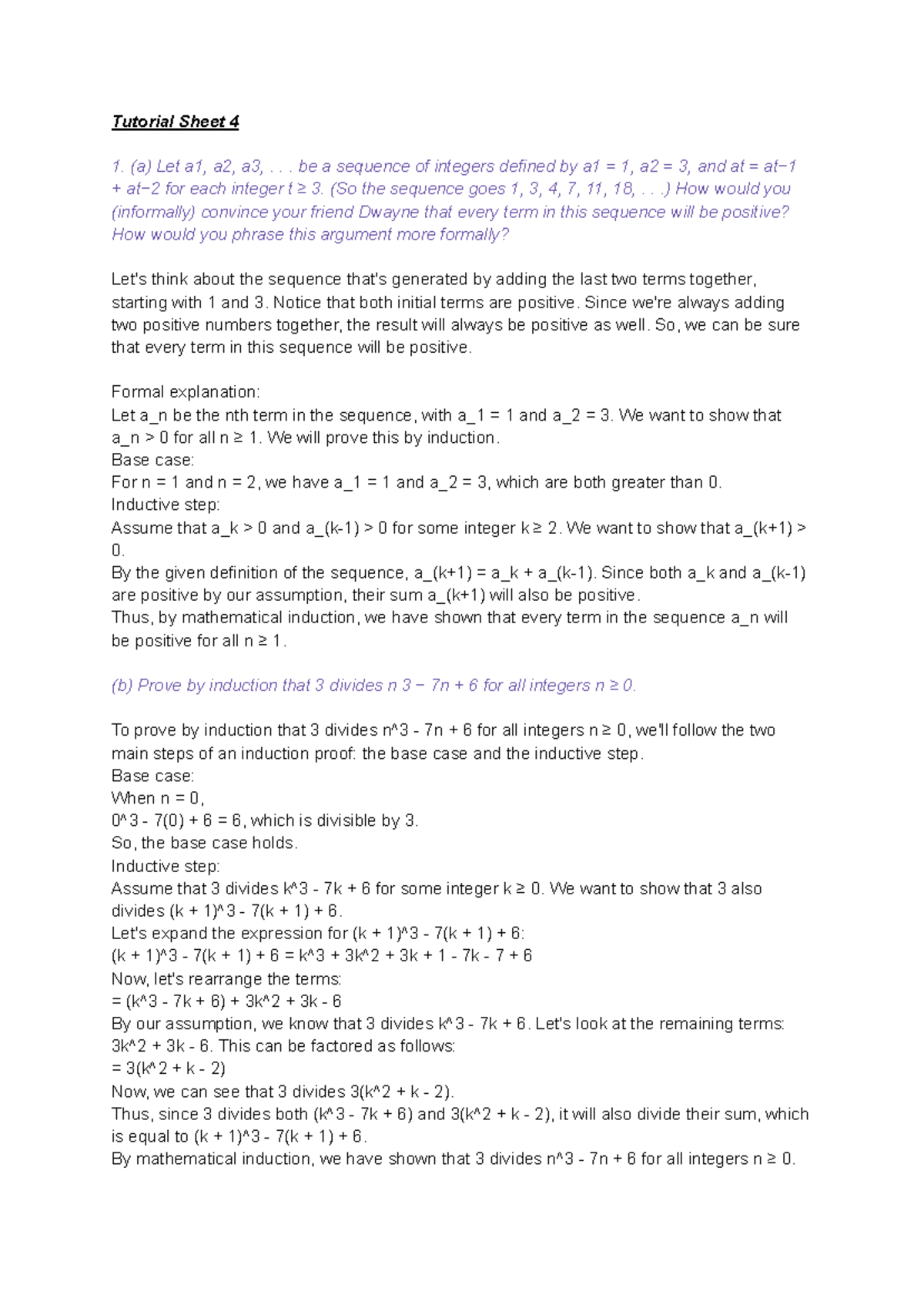Tutorial Sheet 4 - math - Tutorial Sheet 4 (a) Let a1, a2, a3,... be a sequence of integers ...