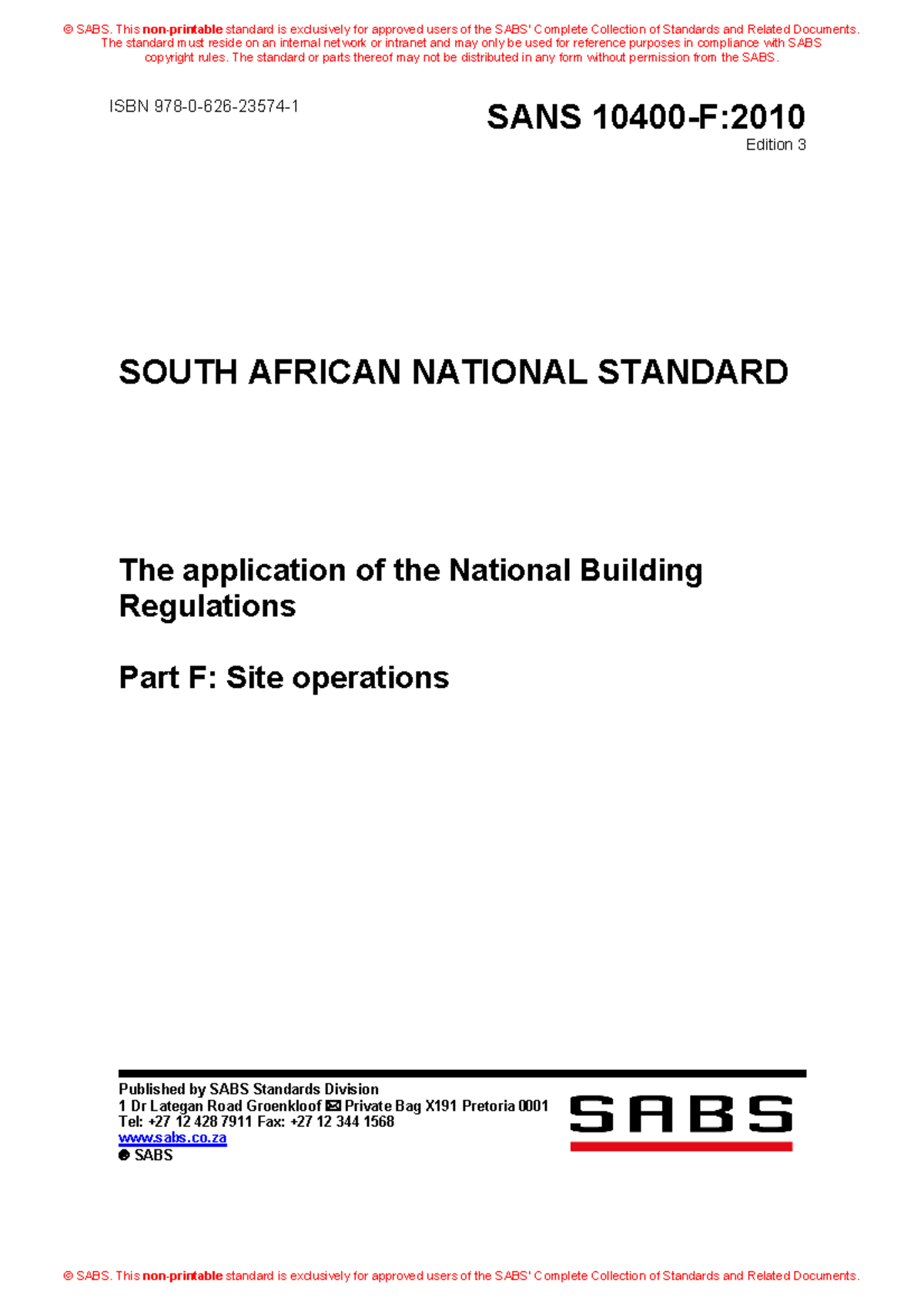 SANS10400-F - Standard Systems - ISBN 978-0-626-23574- SANS 10400-F ...