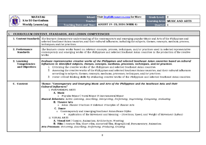 DLL Matatag Music & ARTS 7 Q1 W3 - MATATAG K to 10 Curriculum Weekly Lesson Log School: Visit ...