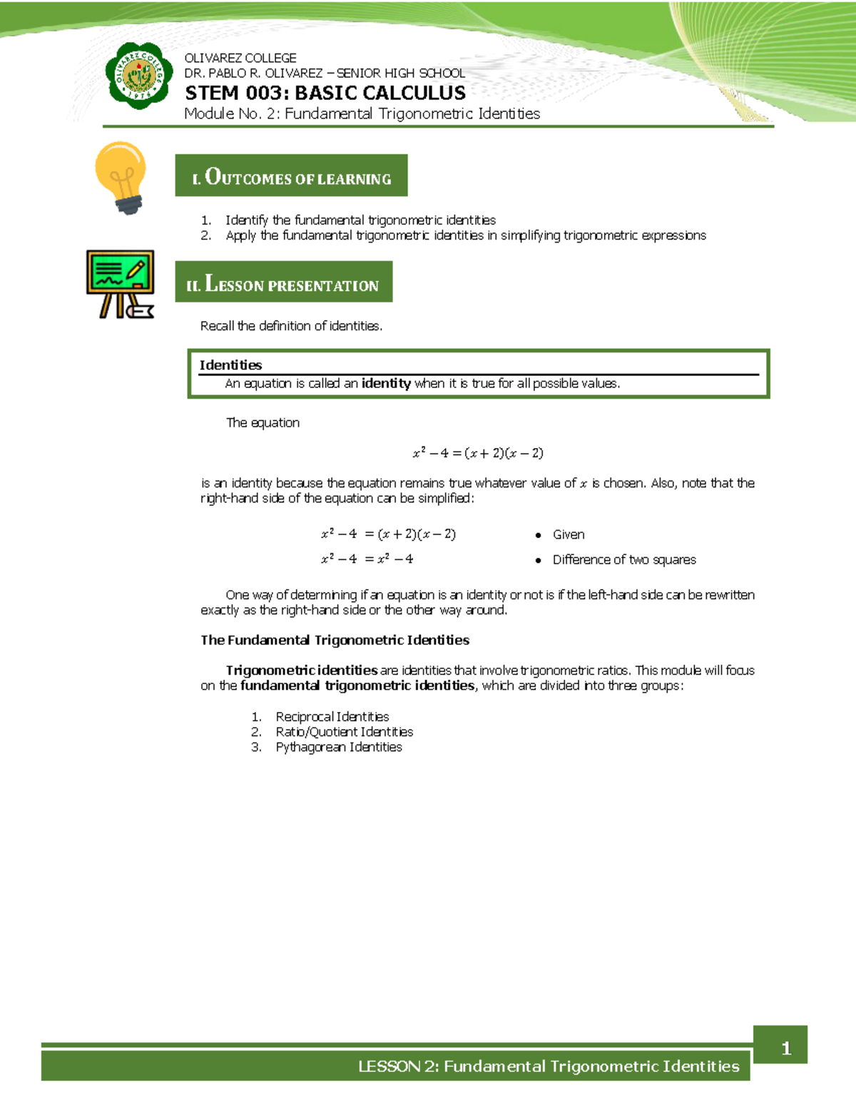 STEM 003 2 Trigonometric Identities 1 - DR. PABLO R. OLIVAREZ – SENIOR HIGH SCHOOL STEM 003 ...