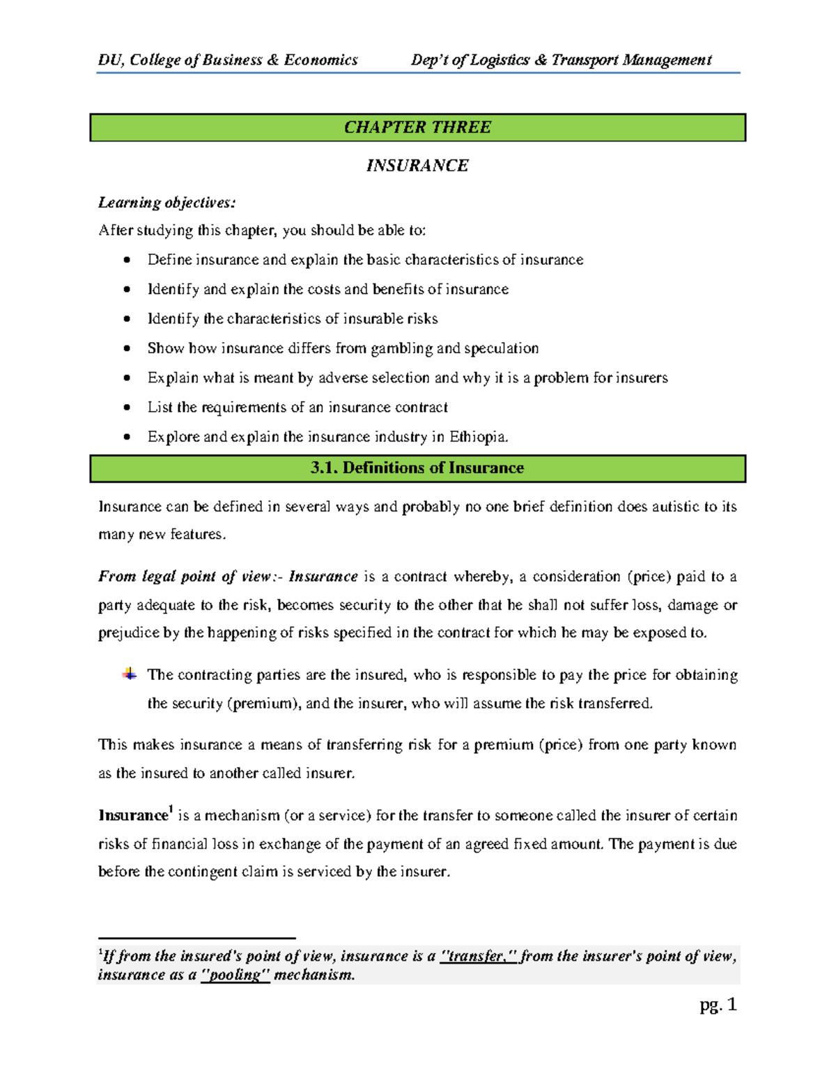 Chapter Three - Lecture notes 3 - CHAPTER THREE INSURANCE Learning ...