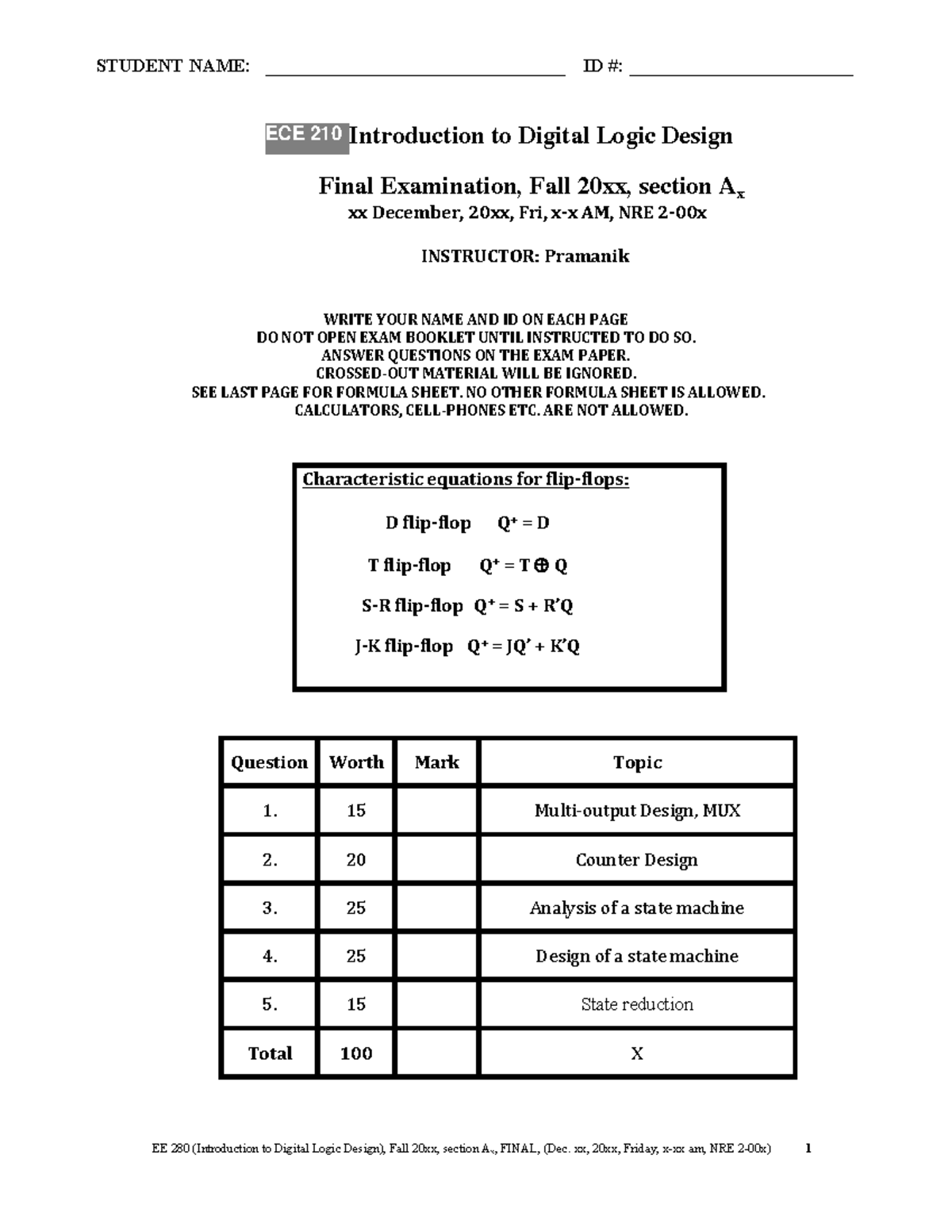 Sample Final - EE280. Introduction to Digital Logic Design Final ...