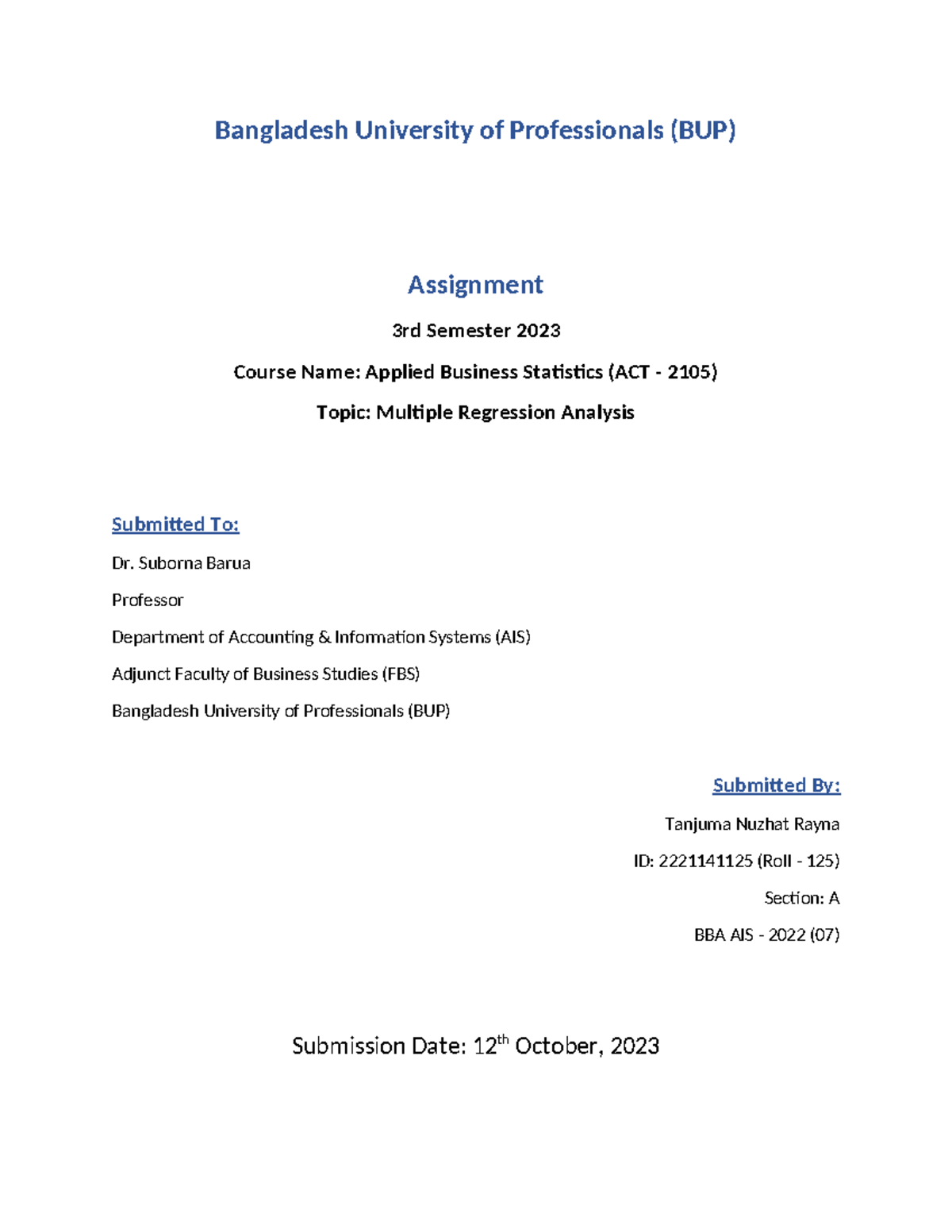 Applied Business Statistics assignment - Bangladesh University of ...