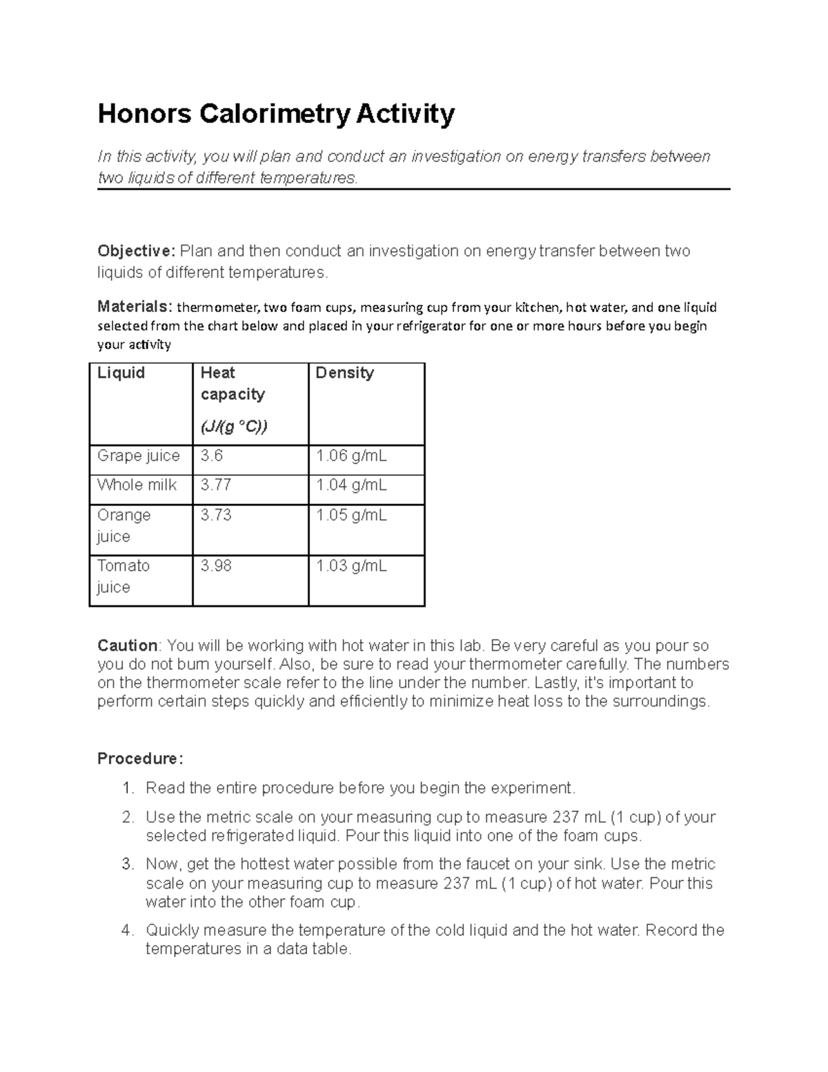 Activity report - Science work - Honors Calorimetry Activity In this ...
