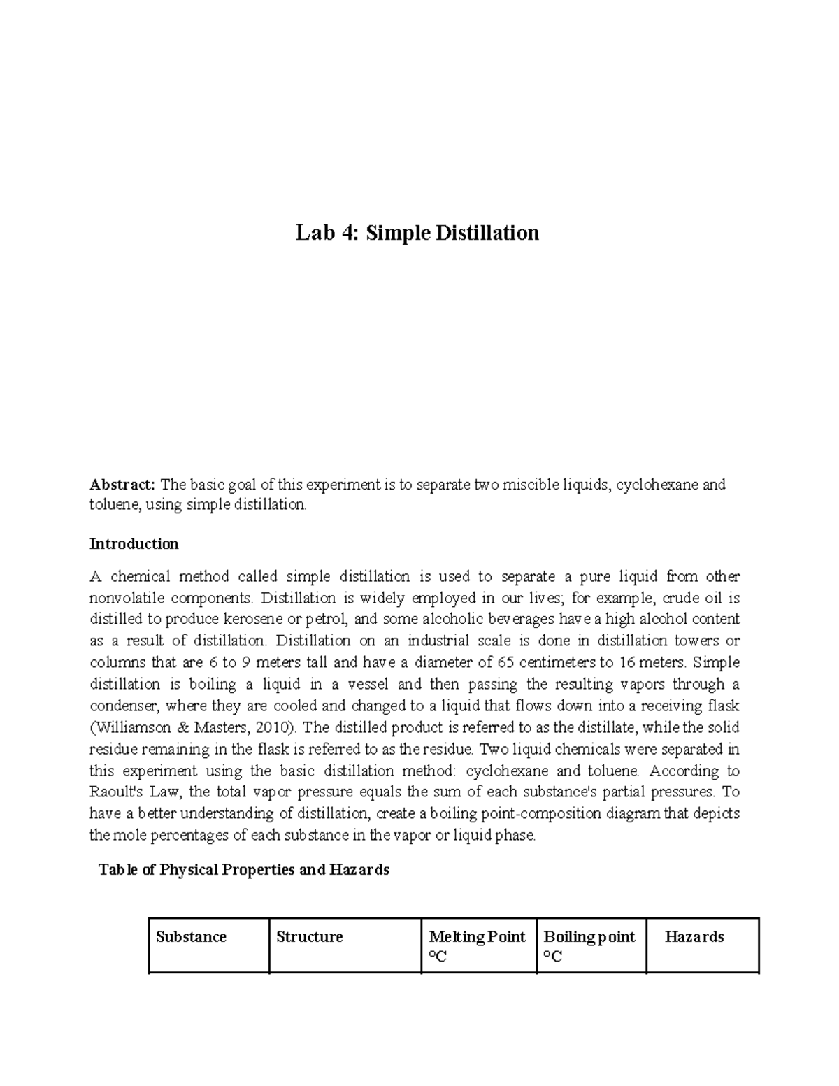Lab 4 - LAB 4 - Lab 4:Simple Distillation Abstract: The basic goal of ...