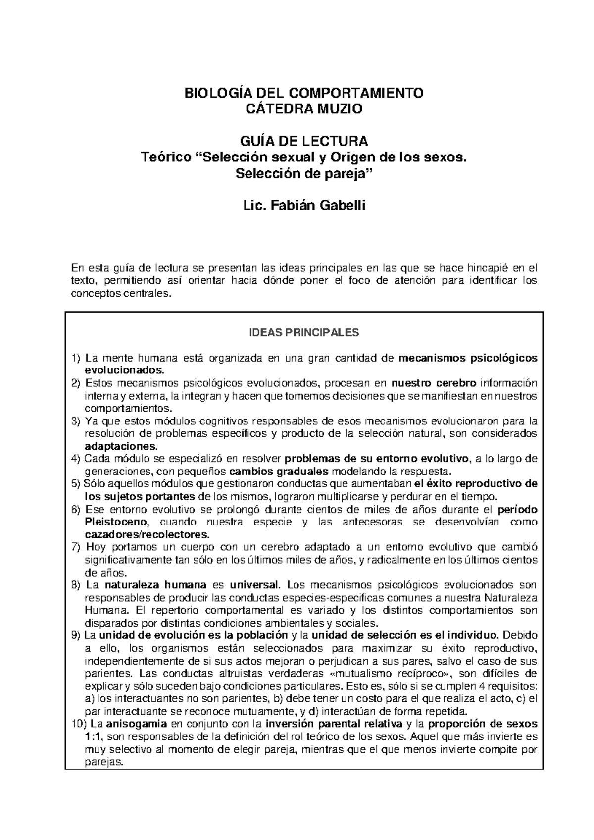 Guía de Lectura TEO Selección sexual y Origen de los sexos-Selección de pareja - BIOLOGÍA DEL ...