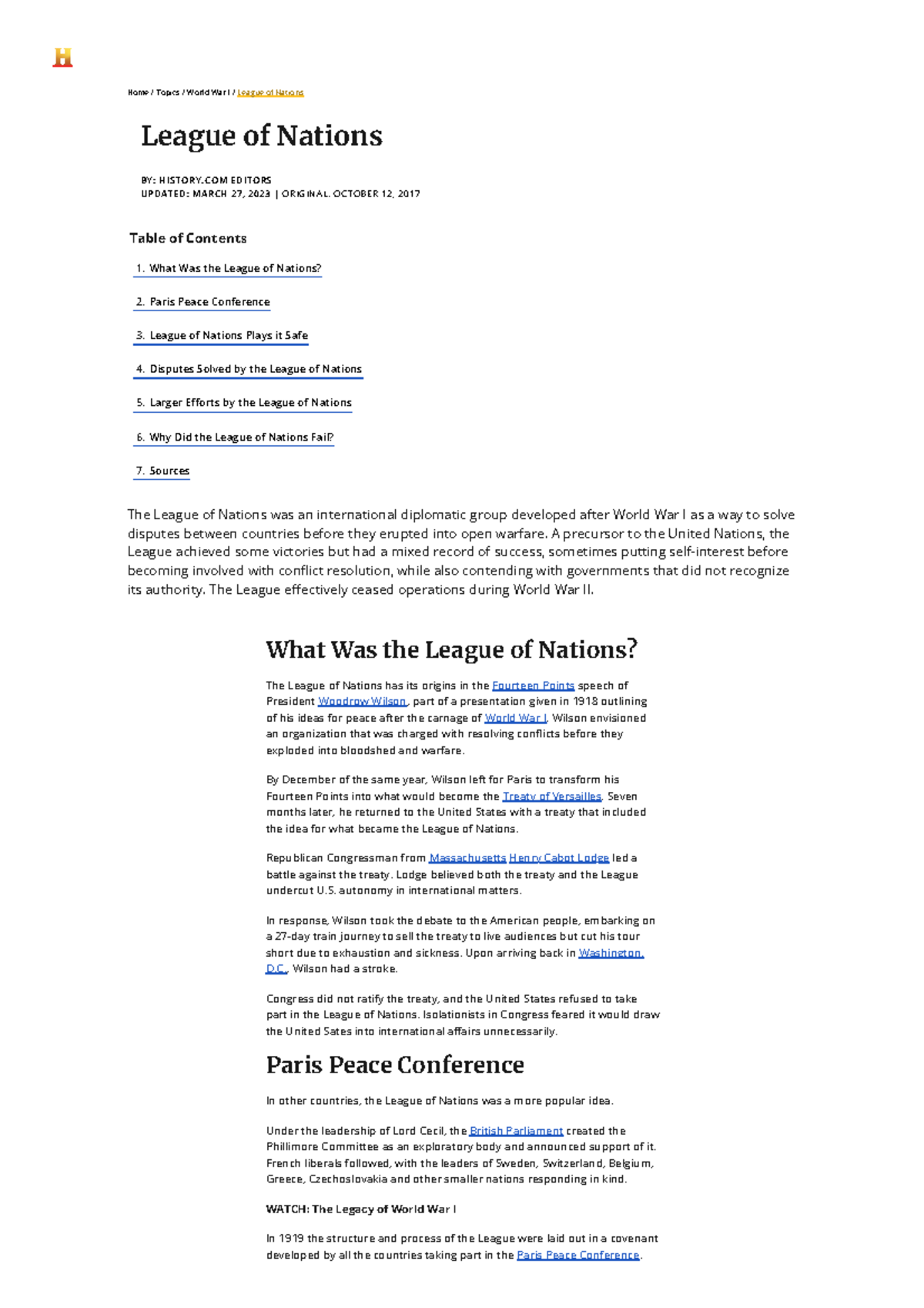 The League of Nations Definition, WW1 & Failure ‑ History - Table of ...