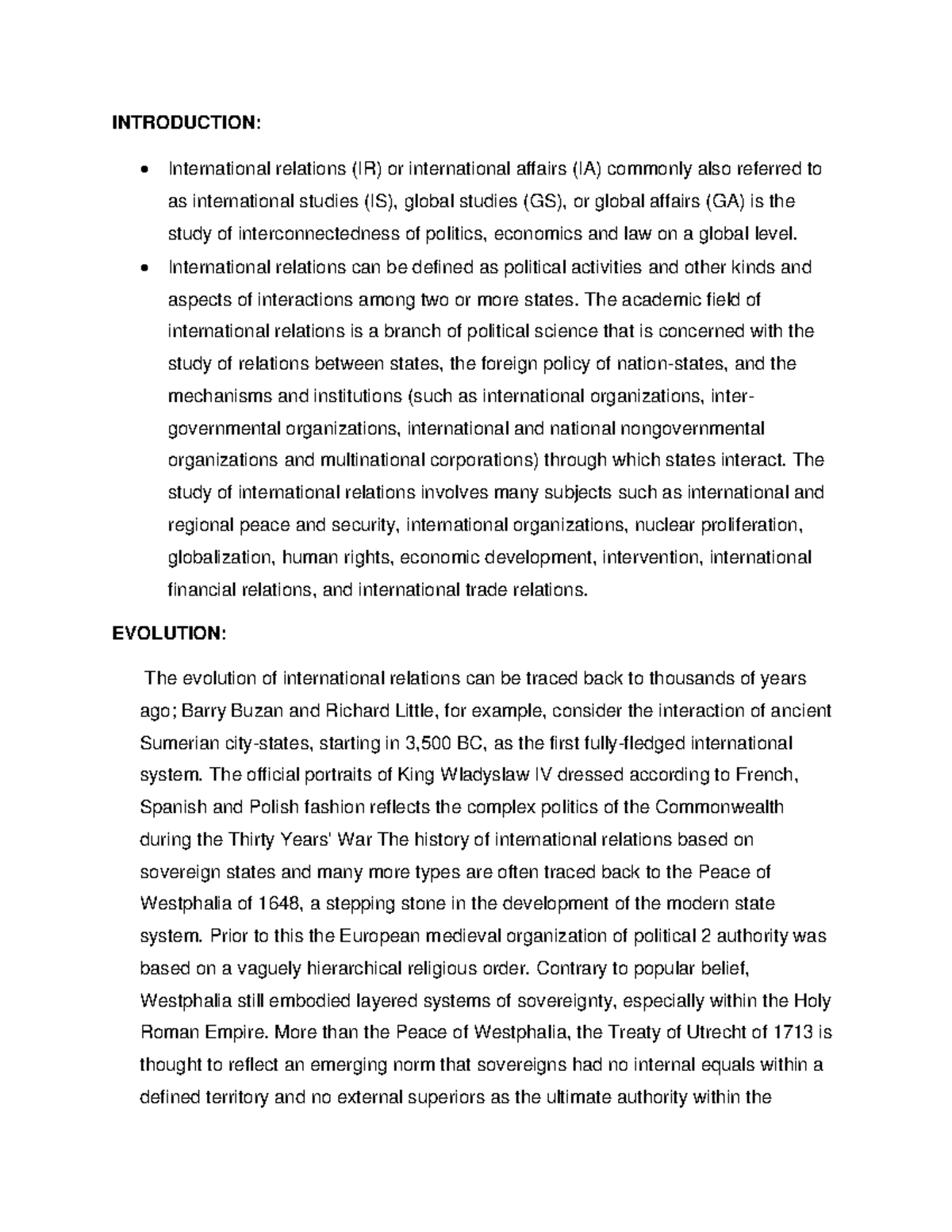 International Relations Reviewer-1 - INTRODUCTION: International relations (IR) or international ...