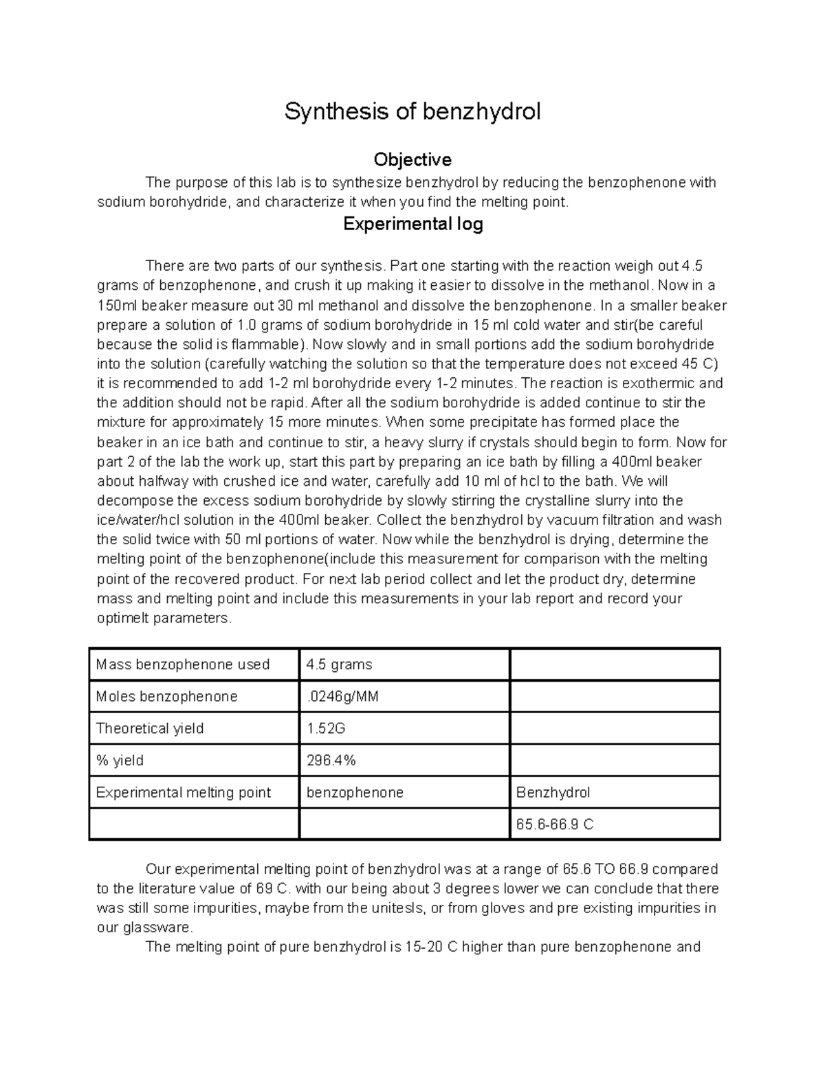 Untitled document - The purpose of this lab is to synthesize benzhydrol ...