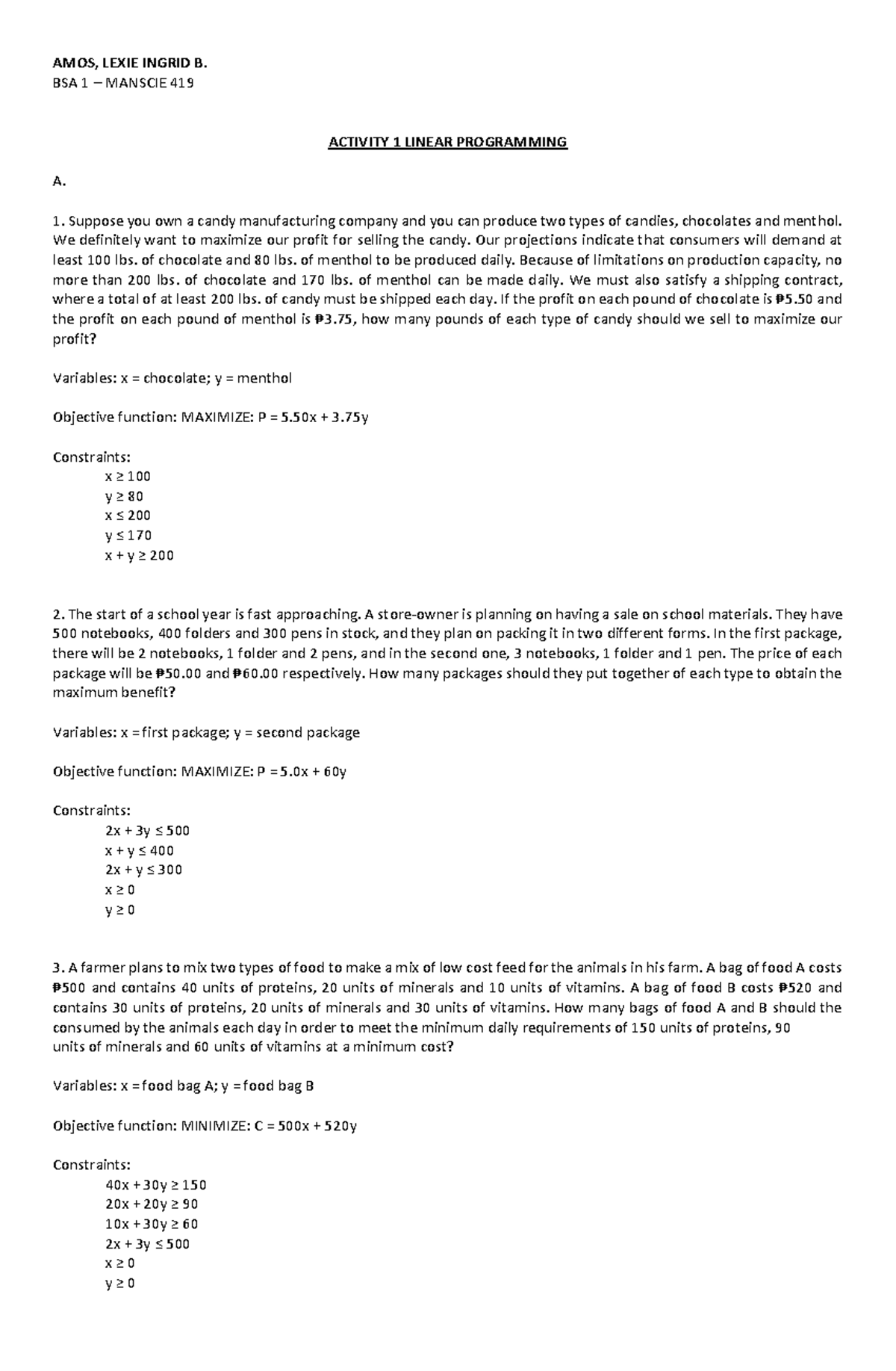 Unit 1 Activity Linear Programming - AMOS, LEXIE INGRID B. BSA 1 – MANSCIE 419 ACTIVITY 1 LINEAR ...