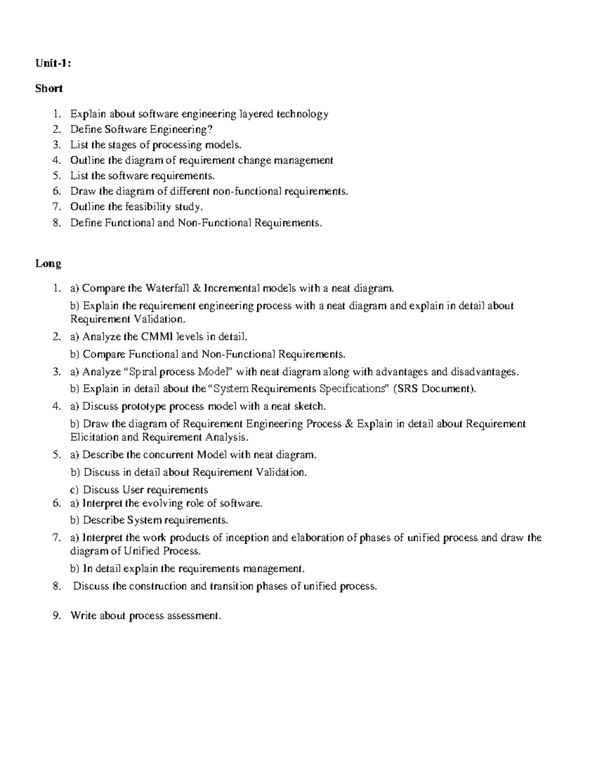 SDE Question Bank - Unit-1: Short 1. Explain about software engineering ...