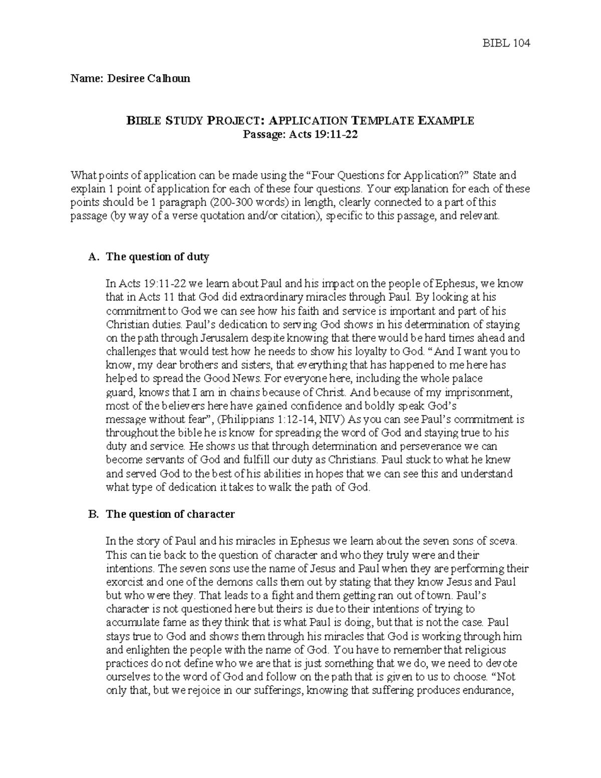 D Calhoun Bible Study Project - BIBL 104 Name: Desiree Calhoun BIBLE ...
