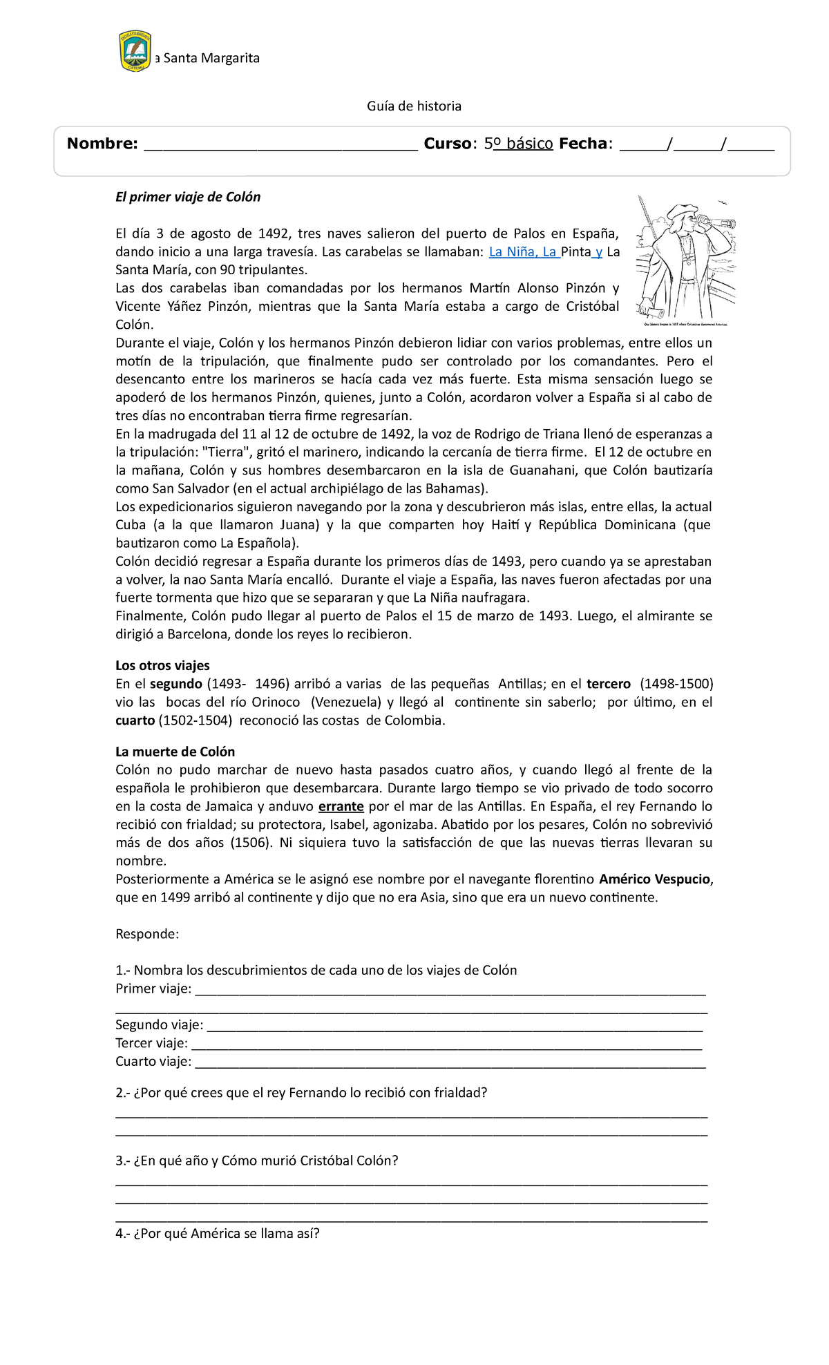 Guía de historia viajes de colon - Escuela Santa Margarita Guía de ...