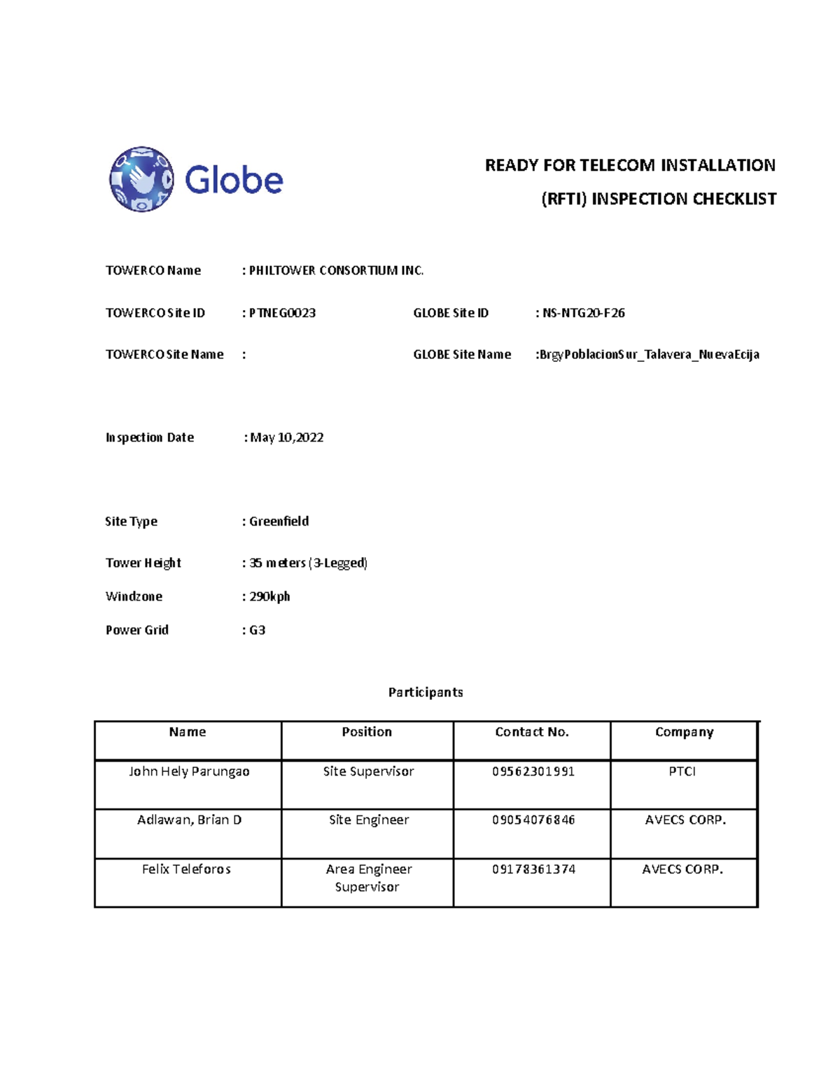 Ptneg 0023 NS-NTG20-F26 RFTI Inspection Checklist 05102022 - READY FOR ...