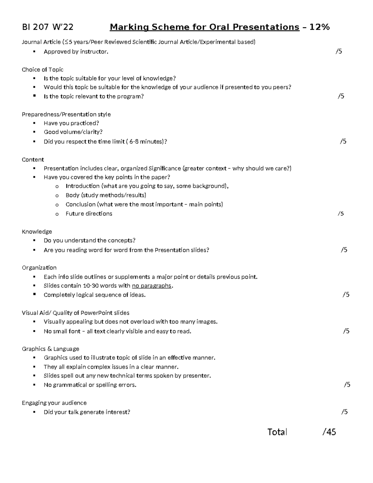 BI 207 Oral Presentation Grading 3 - BI 207 W’22 Marking Scheme for ...