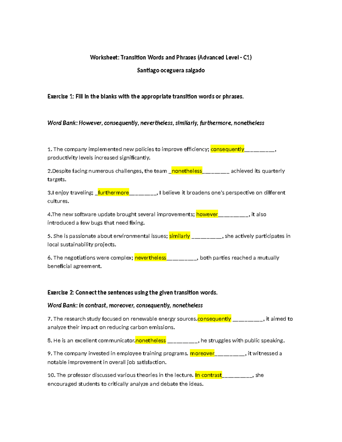 Worksheet Linking words VII santi - Worksheet: Transition Words and ...