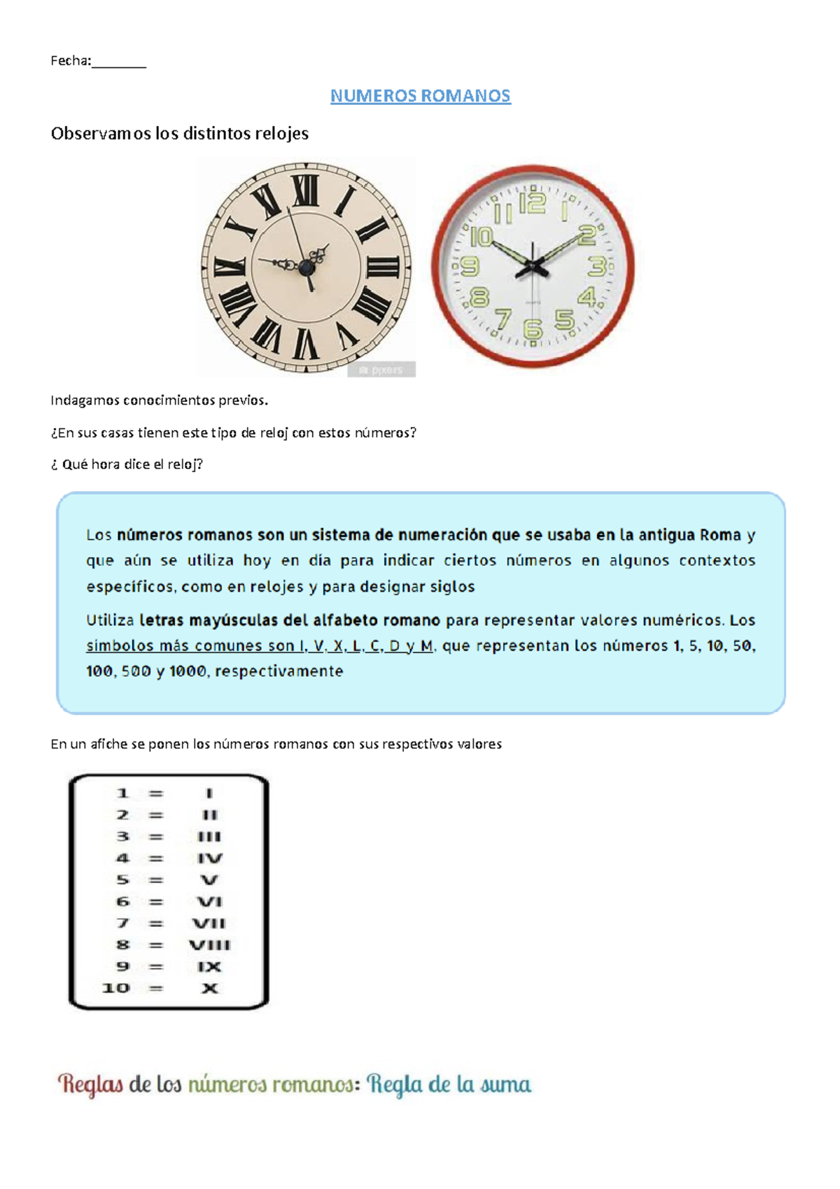 Actividades Numeros Romanos - Fecha:_______ NUMEROS ROMANOS Observamos ...