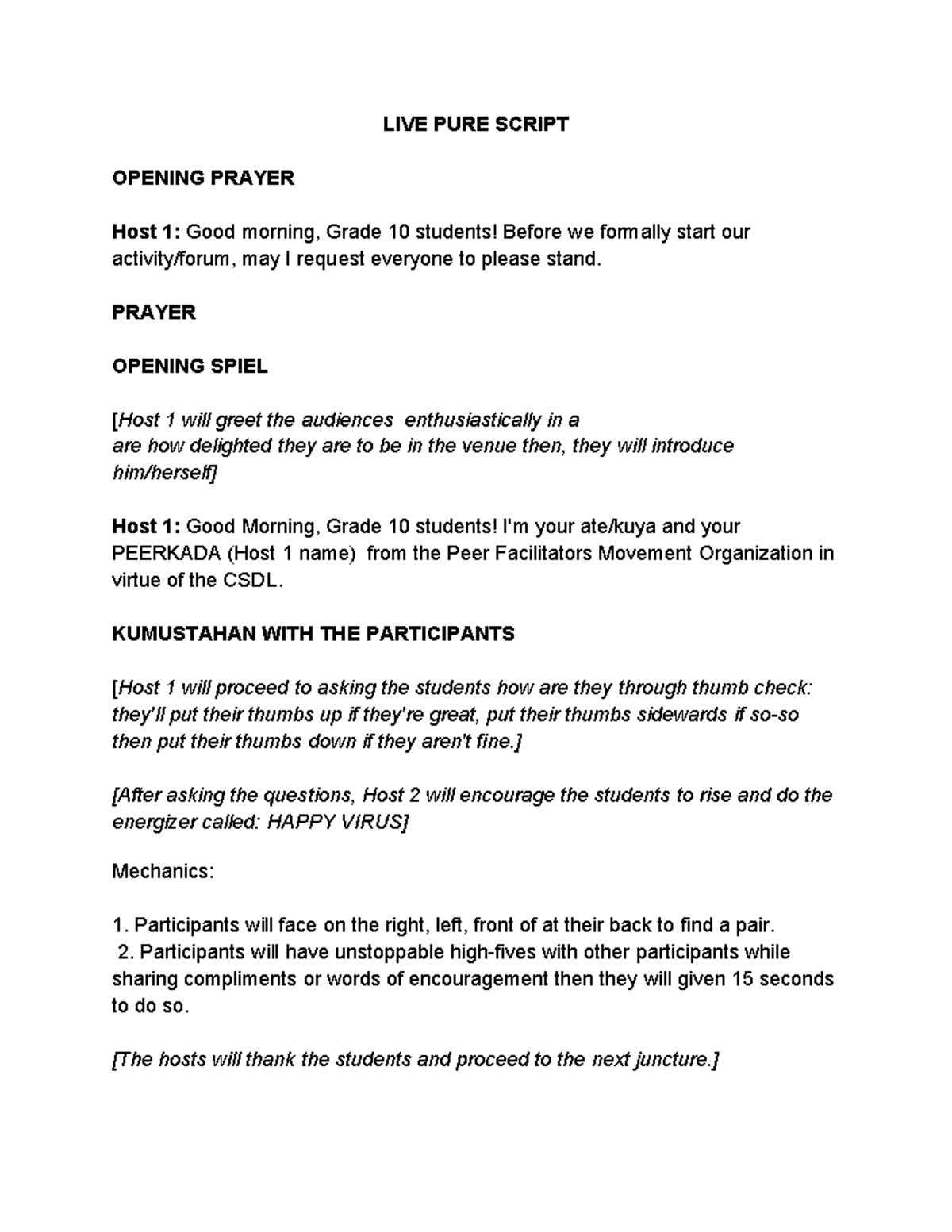 LIVE PURE Script - LIVE PURE SCRIPT OPENING PRAYER Host 1: Good morning ...