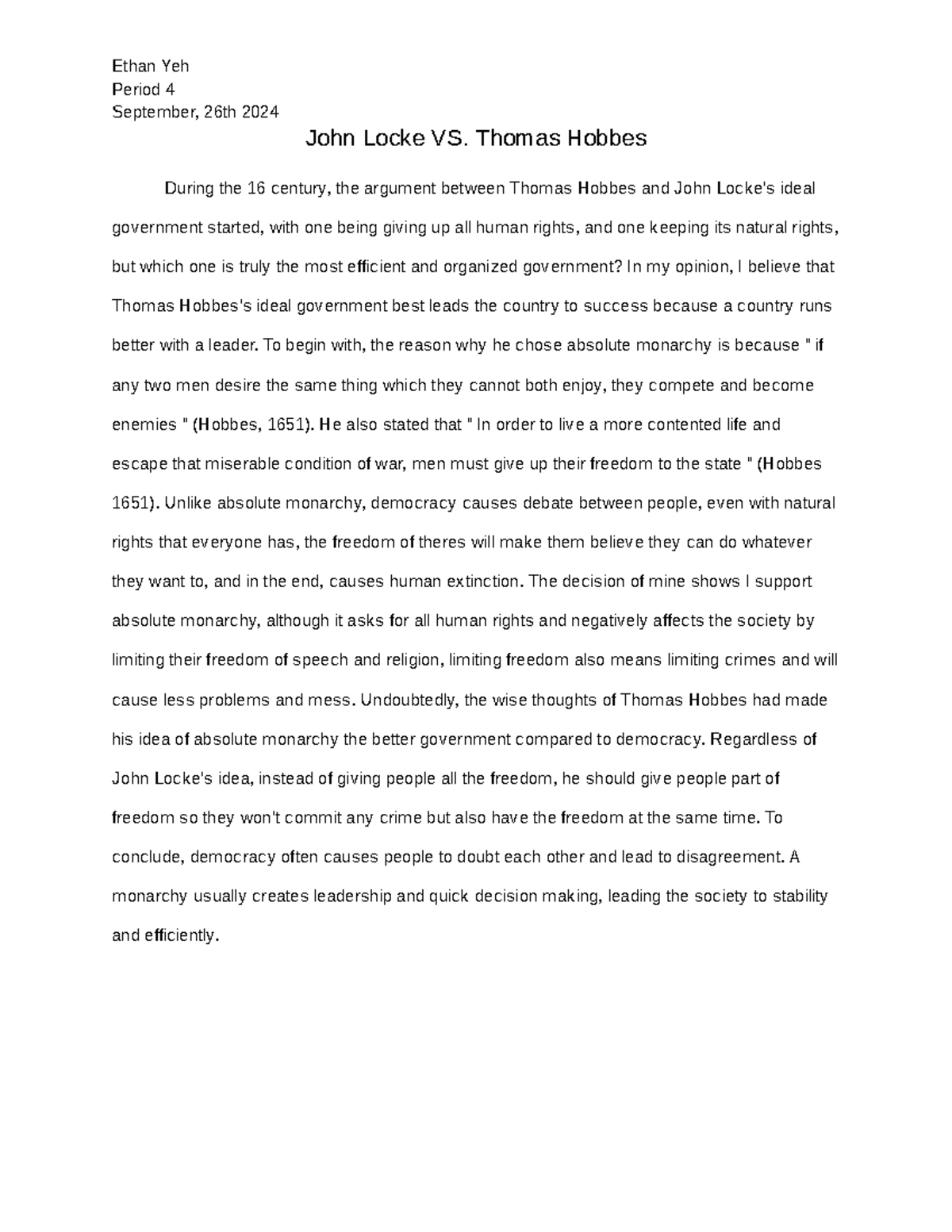 John Locke VS. Thomas Hobbes - Google Docs - Ethan Yeh Period 4 ...