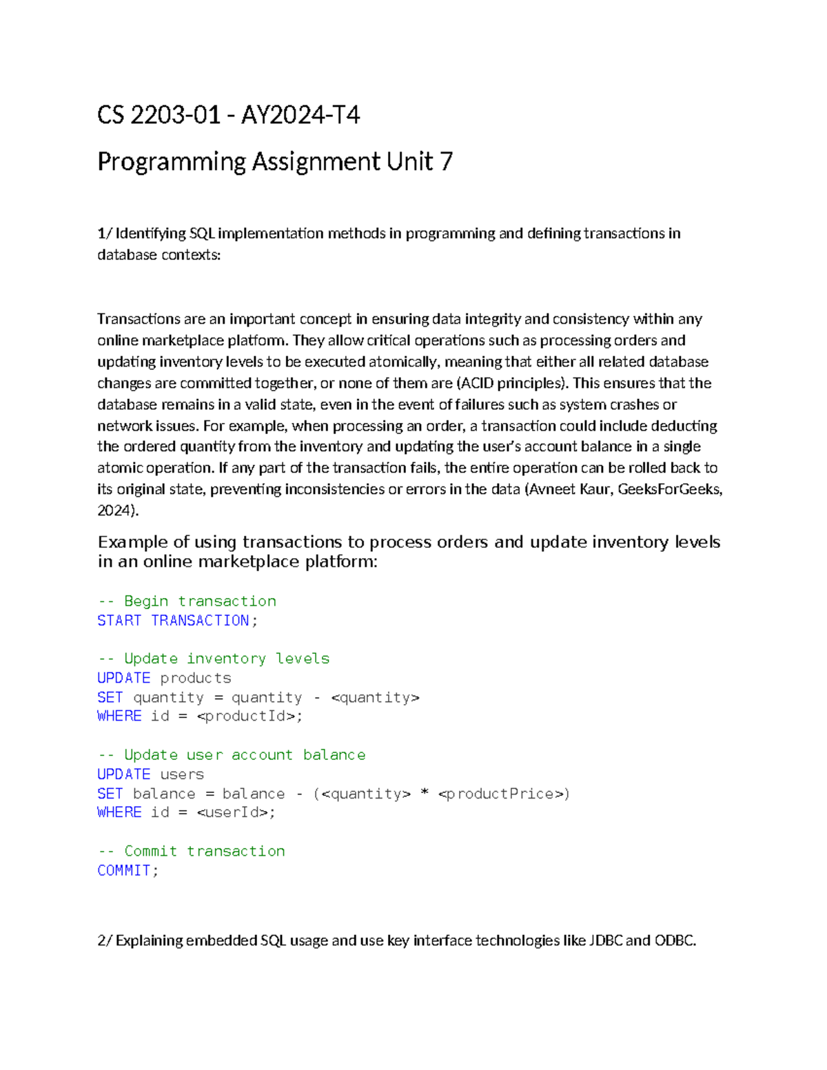 CS 2203 - cs20022 - CS 2203-01 - AY2024-T Programming Assignment Unit 7 1/ Identifying SQL - Studocu
