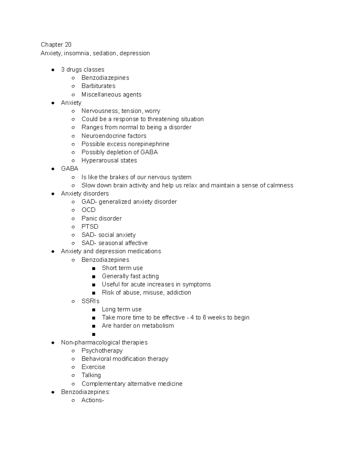 Pharm II Chapter 20 sedation - Chapter 20 Anxiety, insomnia, sedation ...