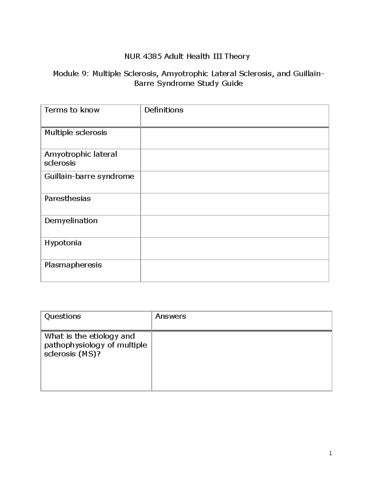 NUR 4385 Adult Health III Theory Module 9 Multiple Sclerosis, Amyotrophic Lateral Sclerosis, and ...