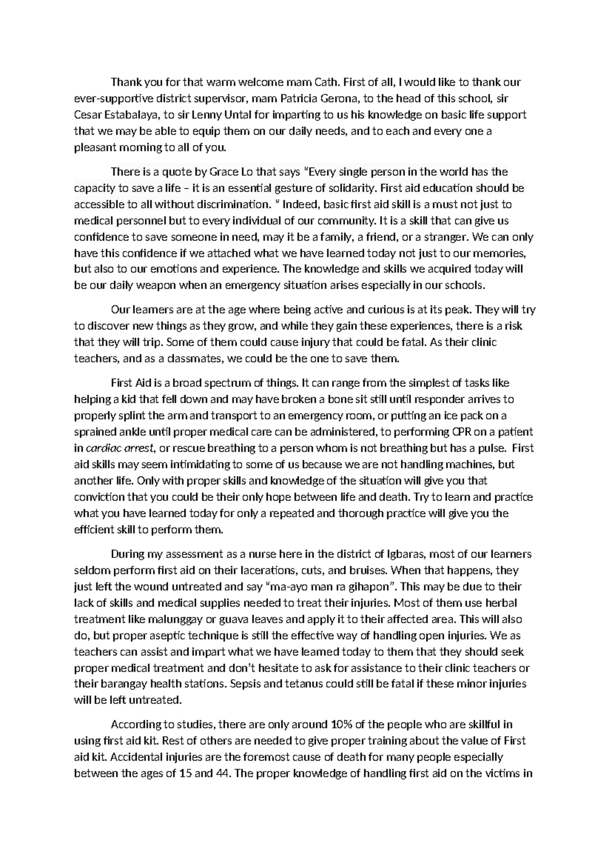 Speech bls - Thank you for that warm welcome mam Cath. First of all, I would like to thank our ...