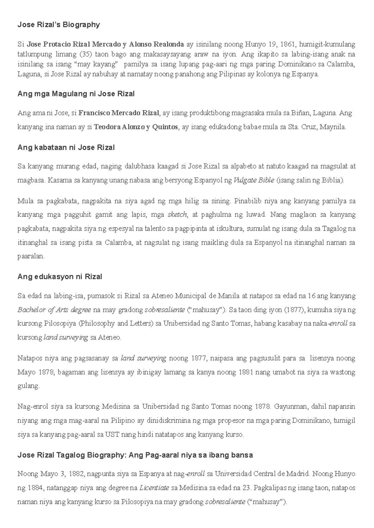 Jose-Rizals-Biography - Jose Rizal’s Biography Si Jose Protacio Rizal ...