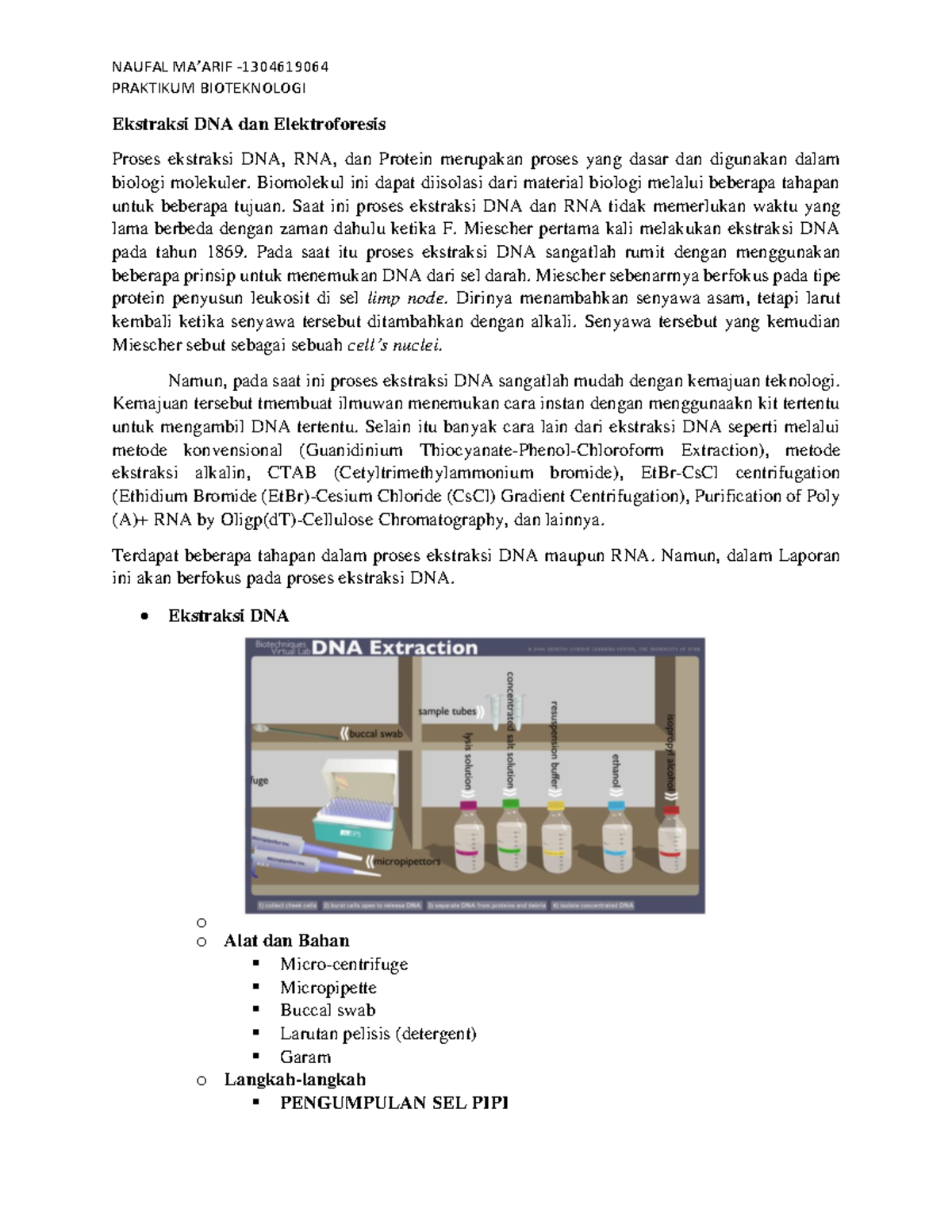 Naufal Ma'arif Ekstraksi DNA dan Elektroforesis - PRAKTIKUM BIOTEKNOLOGI Ekstraksi DNA dan - Studocu