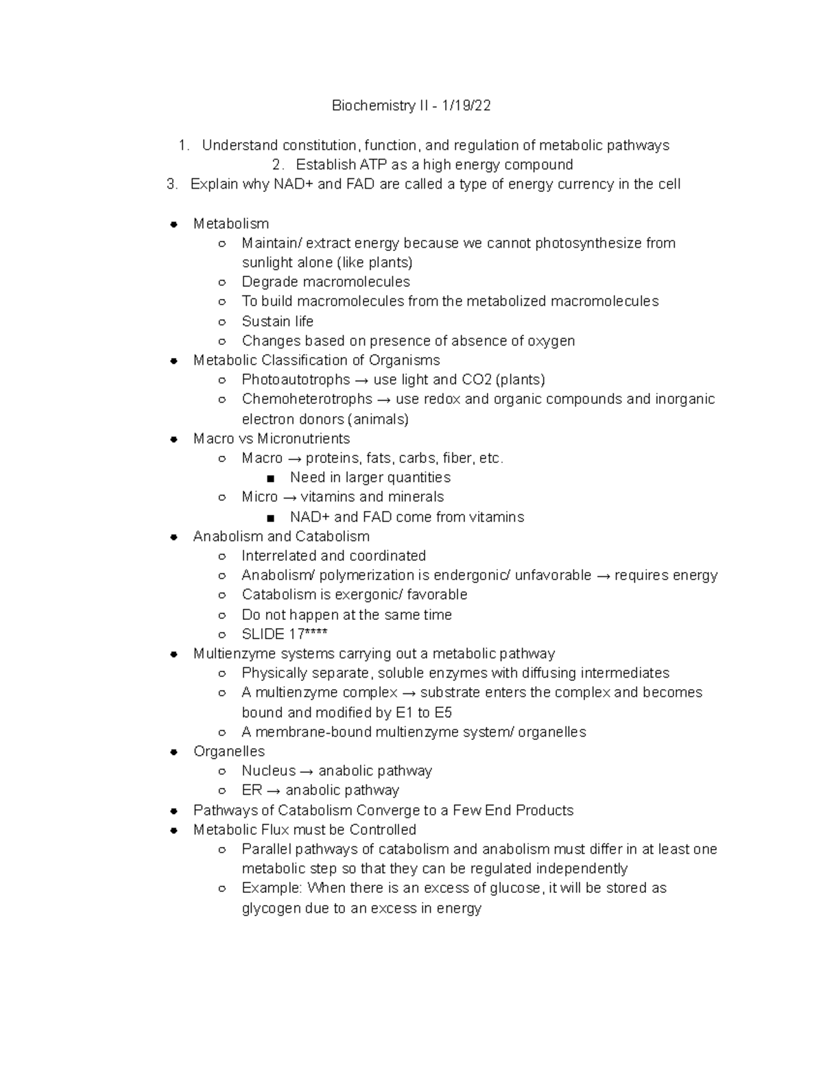Biochemistry II Lecture Notes - Biochemistry II - 1/19/ Understand ...