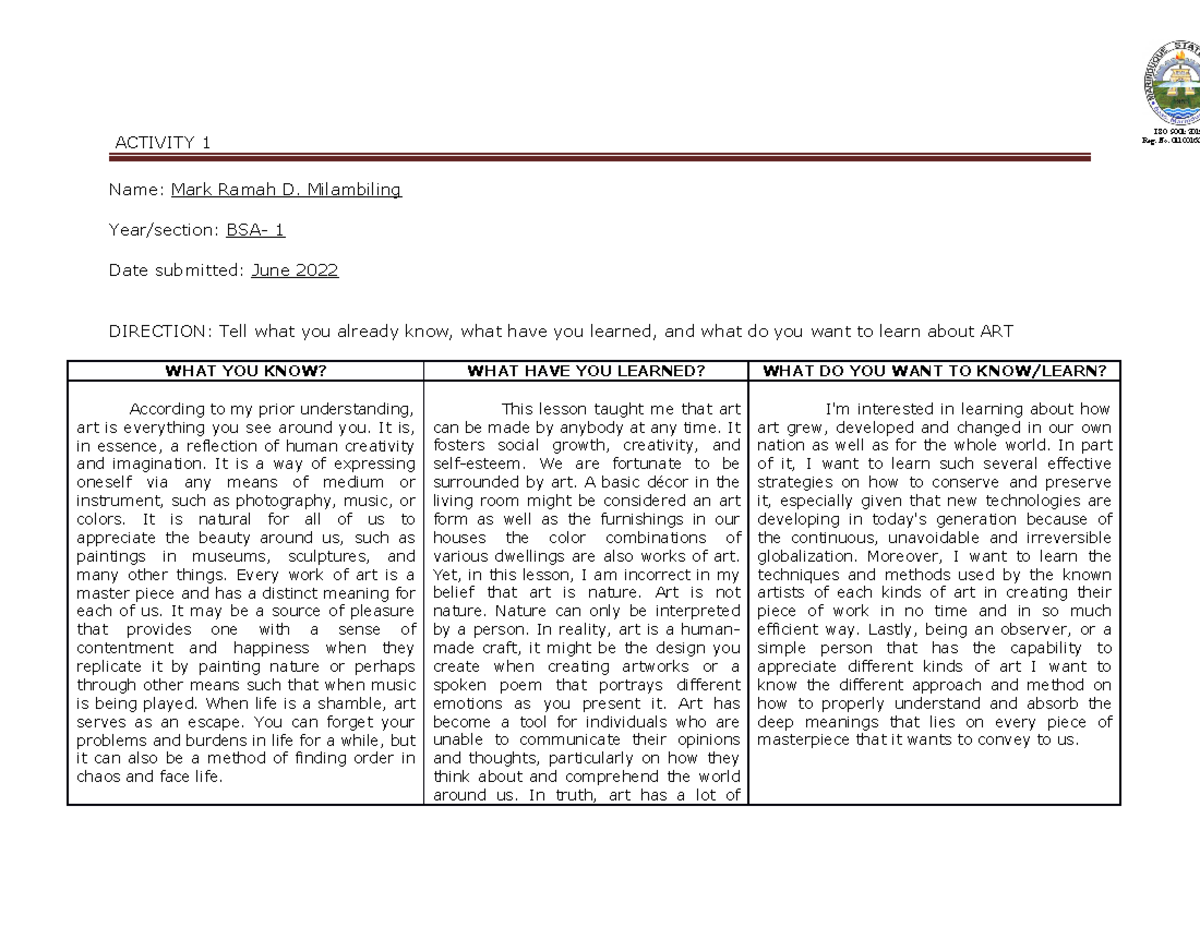 Art Appreciation (Lesson 1) - ACTIVITY 1 Name: Mark Ramah D ...