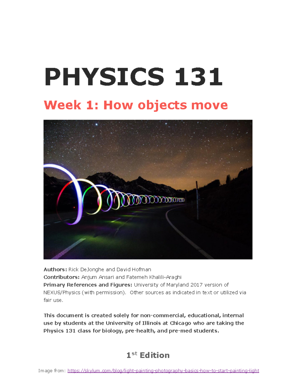 Physics 131 Reading - Week 1 - Units and Motion - PHYSICS 131 Week 1: How objects move Authors ...