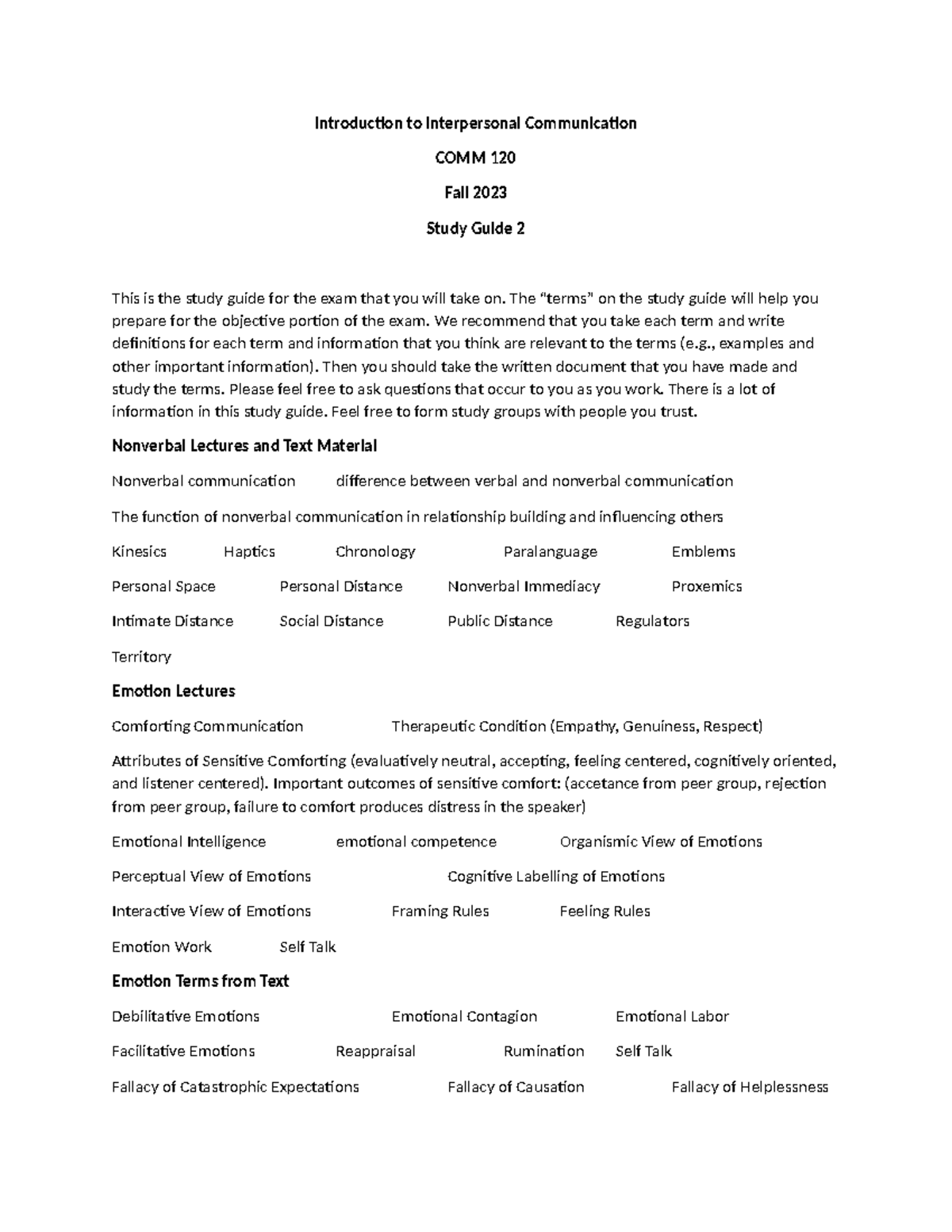 Study Guide 2b - Introduction to Interpersonal Communication COMM 120 ...