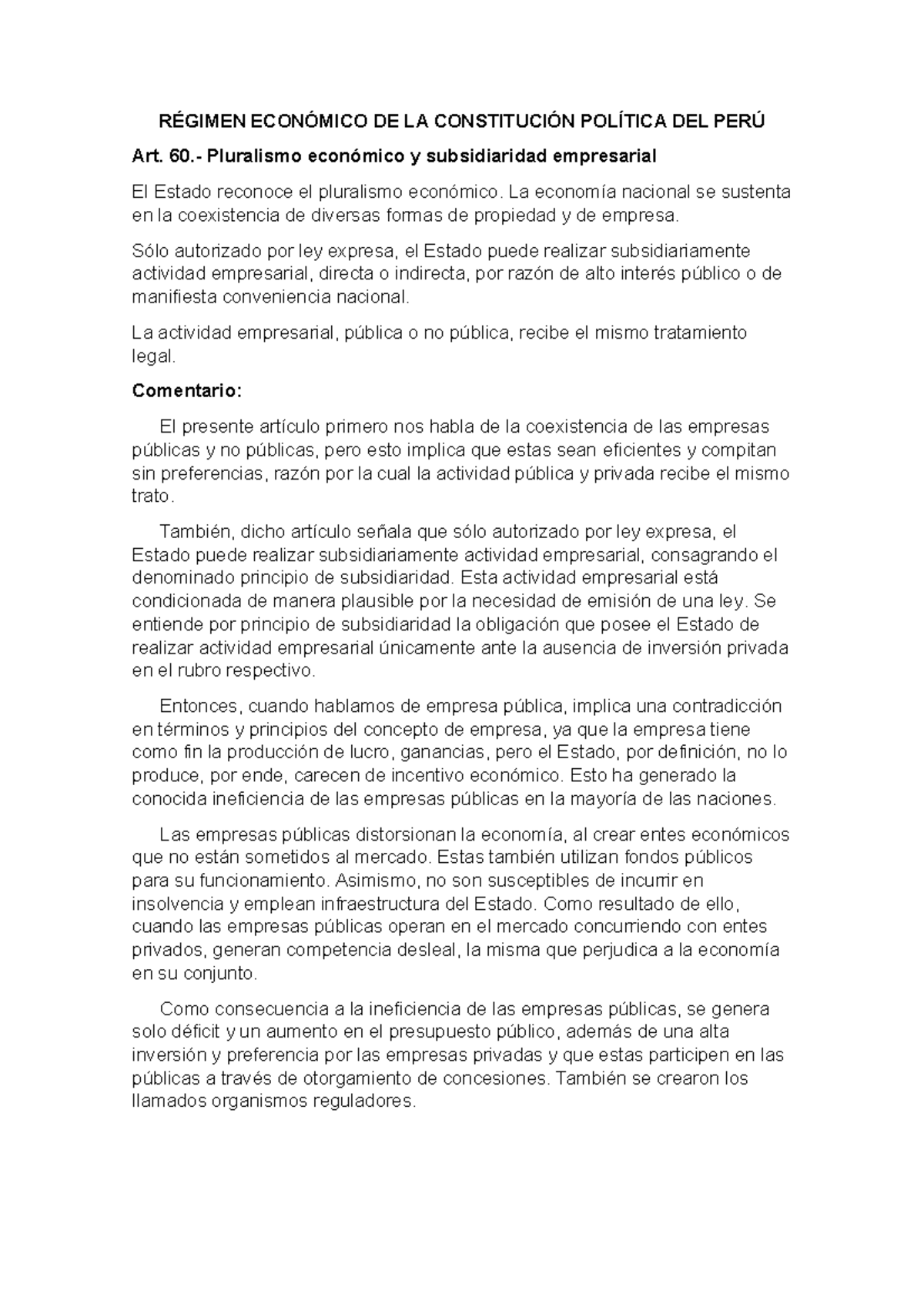 Comentario Regimen Economico ART 60 - RÉGIMEN ECONÓMICO DE LA CONSTITUCIÓN POLÍTICA DEL PERÚ Art ...