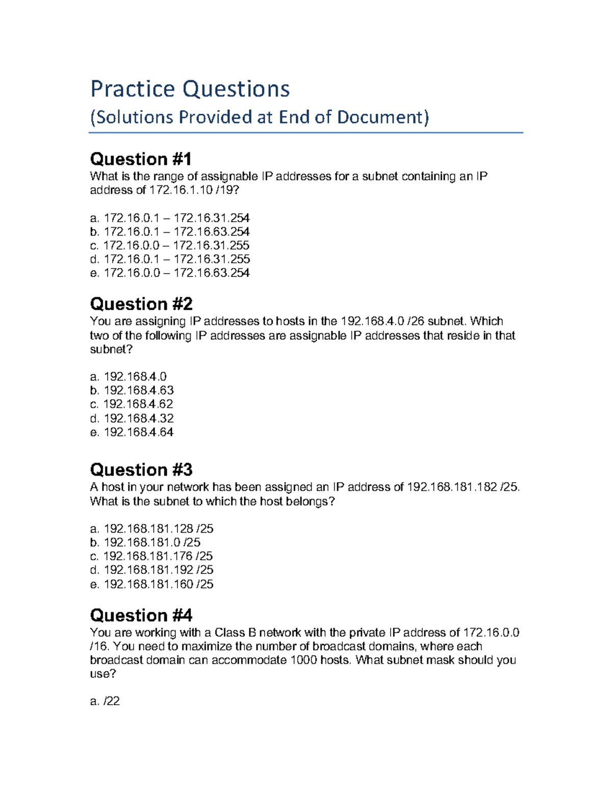 Subnetting Practice Exercises revised - Practice Questions (Solutions ...