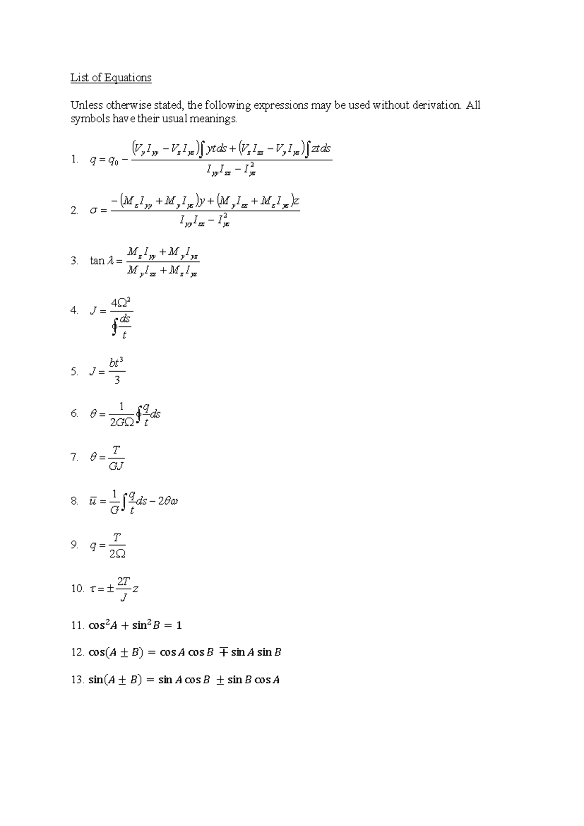 ME4212 List of Equations - List of Equations Unless otherwise stated ...
