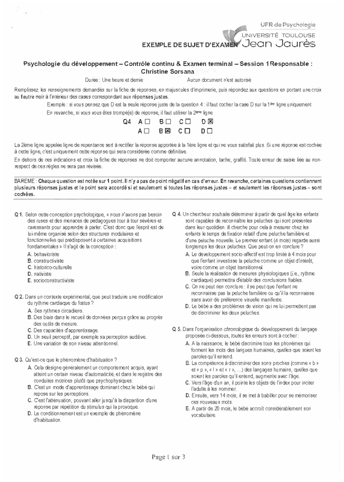 Annales 301-302-304 - UFR de Psychologie UNIVERSITÉ TOULOUSE EXEMPLE DE ...