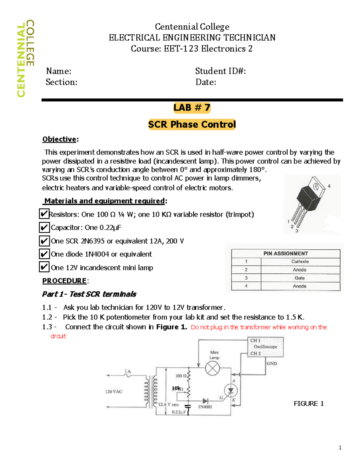 EET123 LAB 7- SCR Phase Control- F21-Rev1 - 1 Centennial College ELECTRICAL ENGINEERING ...