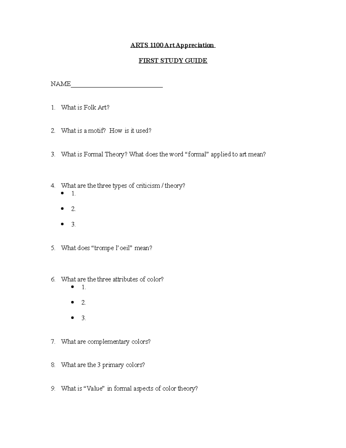 Arts 1100 study guide 1 - ARTS 1100 Art Appreciation FIRST STUDY GUIDE ...