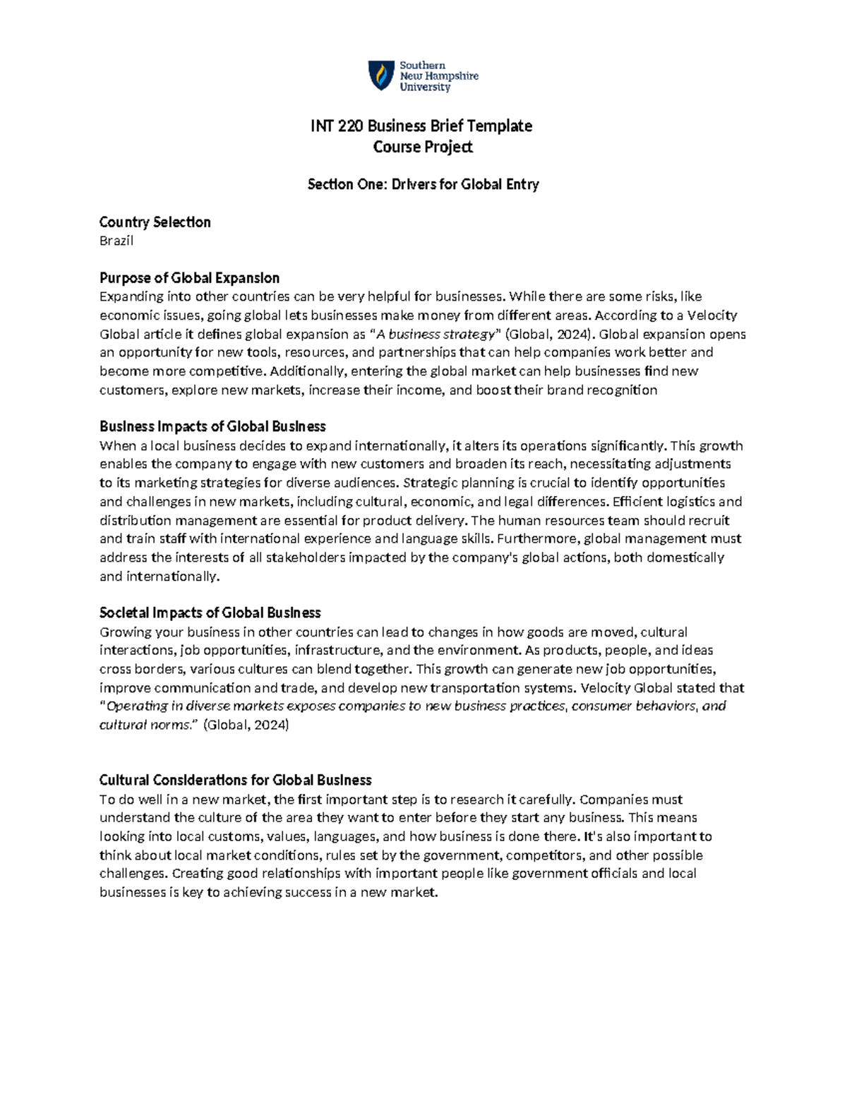 Global milestone 2 - INT 220 Business Brief Template Course Project ...