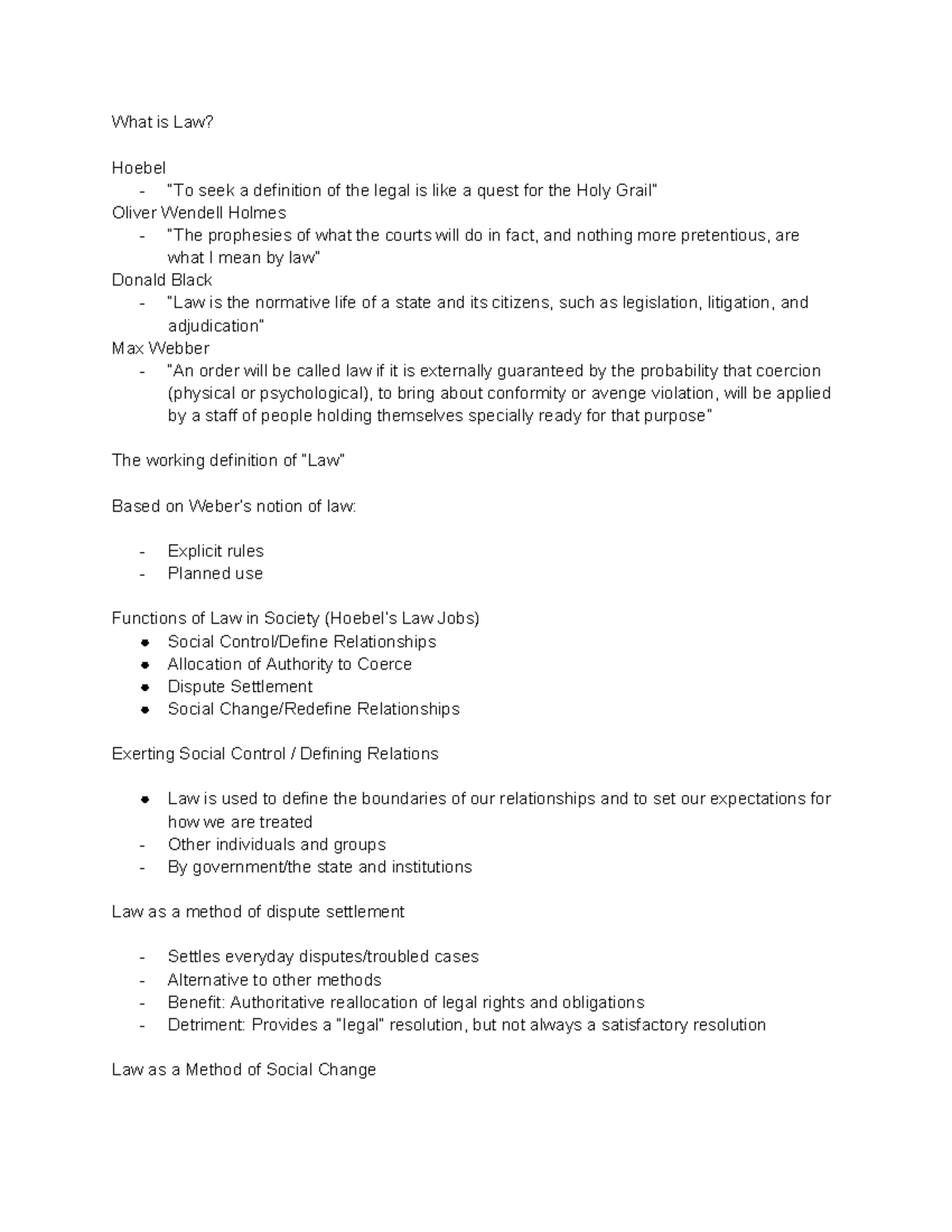 almost full lecture notes - What is Law? Hoebel - “To seek a definition ...