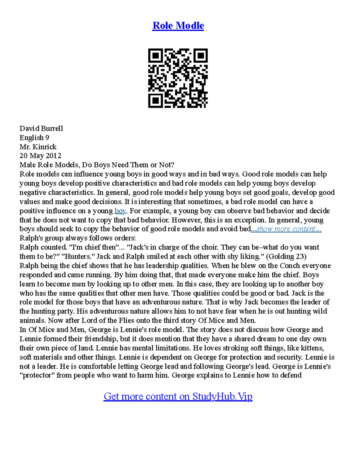Essay Role Model - Role Modle David Burrell English 9 Mr. Kinrick 20 ...