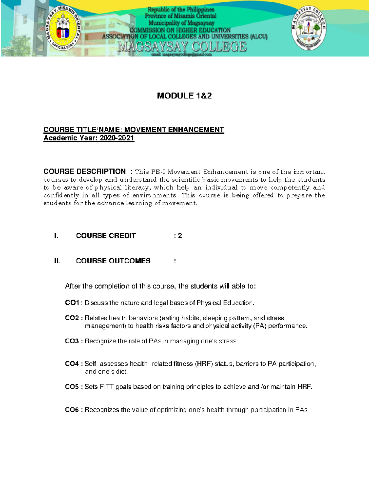 Movement Enhancement Module 1&2 - MODULE 1& COURSE TITLE/NAME: MOVEMENT ...
